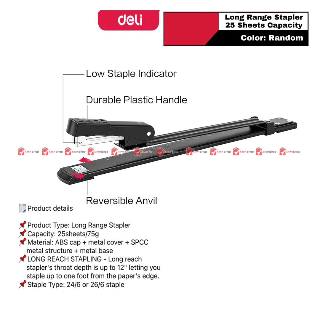 Deli Long Range Stapler 25 Sheets Capacity 0334 Random color 1pcs