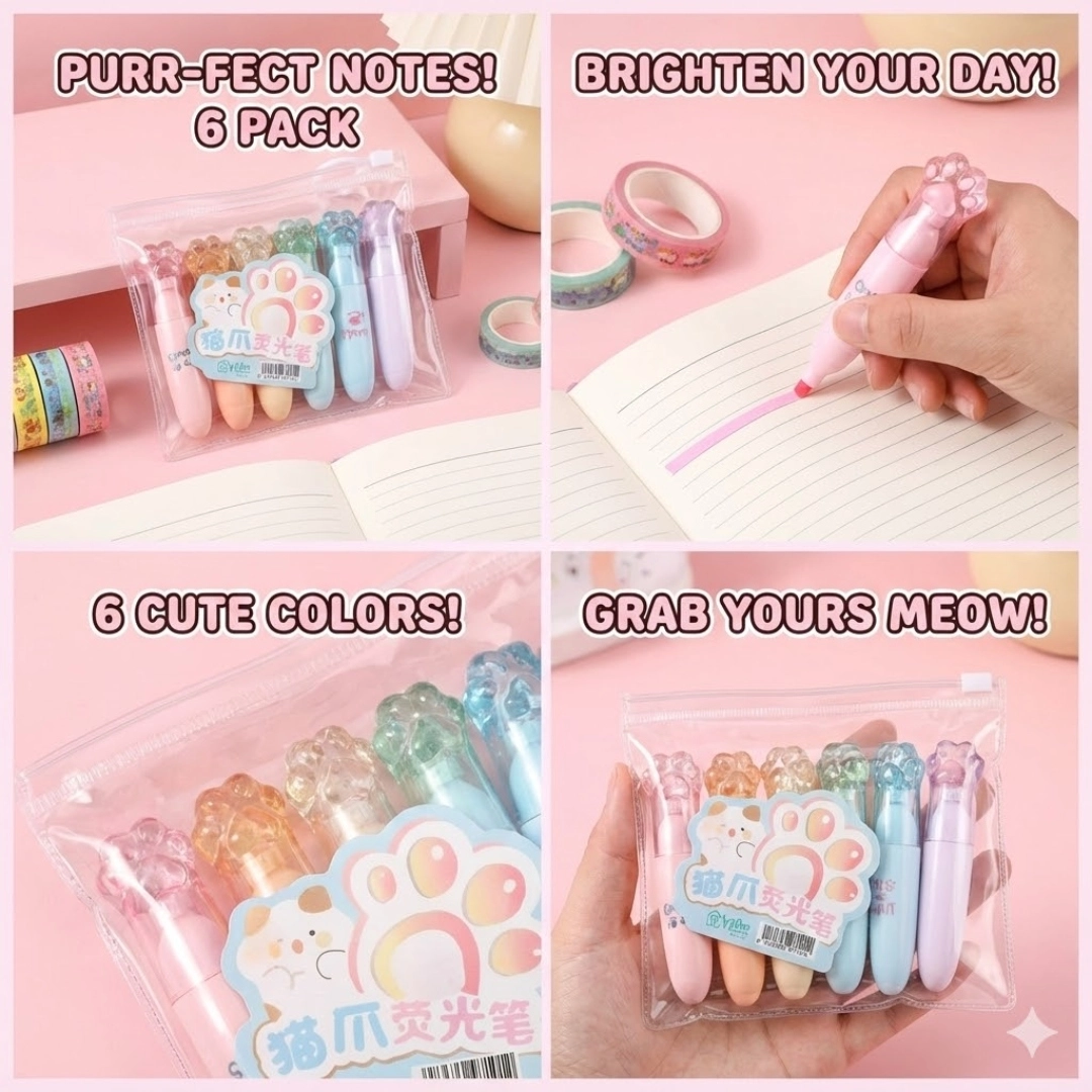 Cat Paw Mini Highlighters (Set of 6) - Cute Capsule Shaped Marker Pens ...