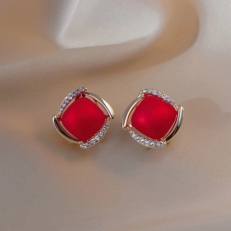 French Elegant Red Pearl Diamond Stud Earrings Retro Jewelry Geometric ...