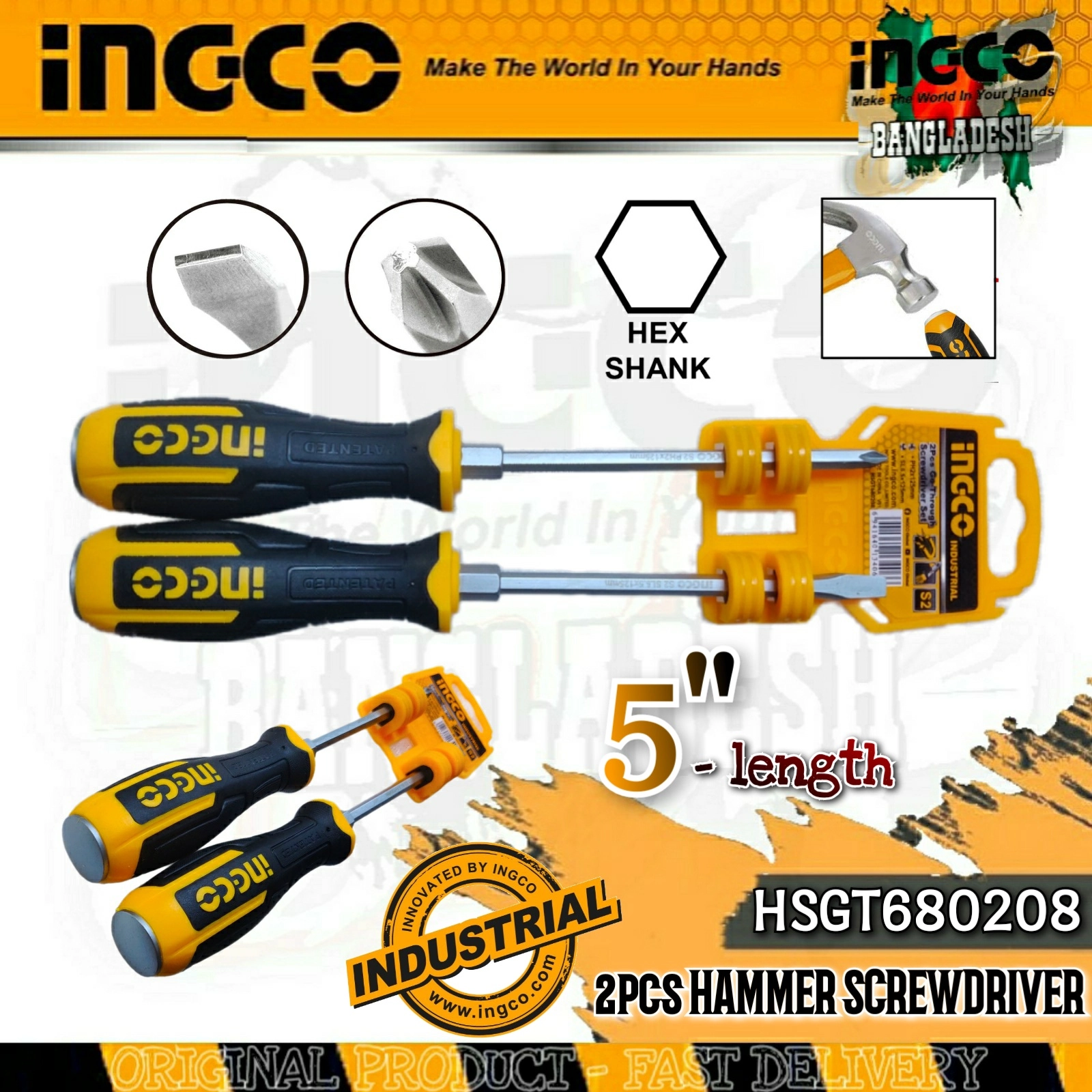 INGCO 2pcs HAMMER SCREWDRIVER SET HSGT680208