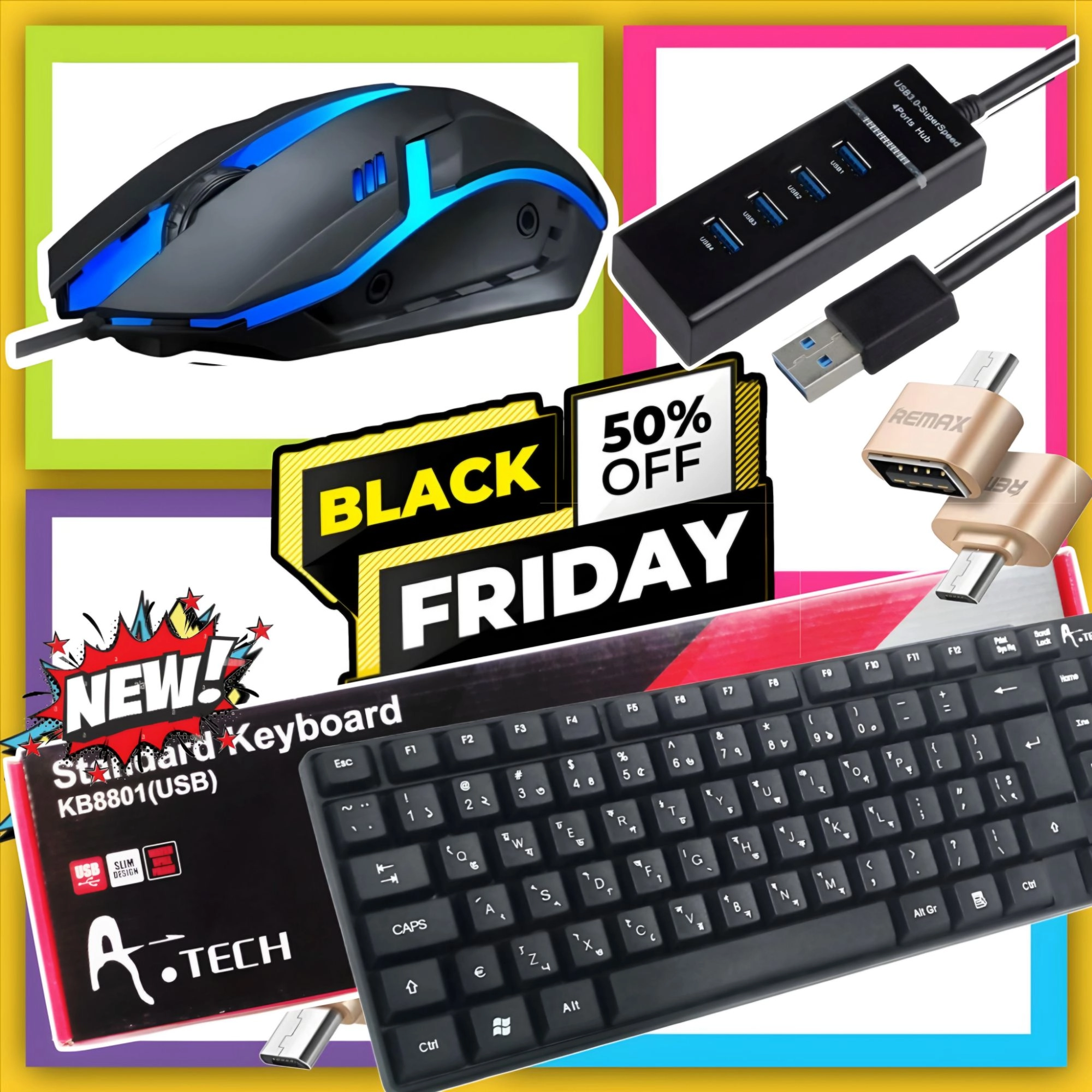 gaming mouse, a USB hub, a keyboard, and an adapter.