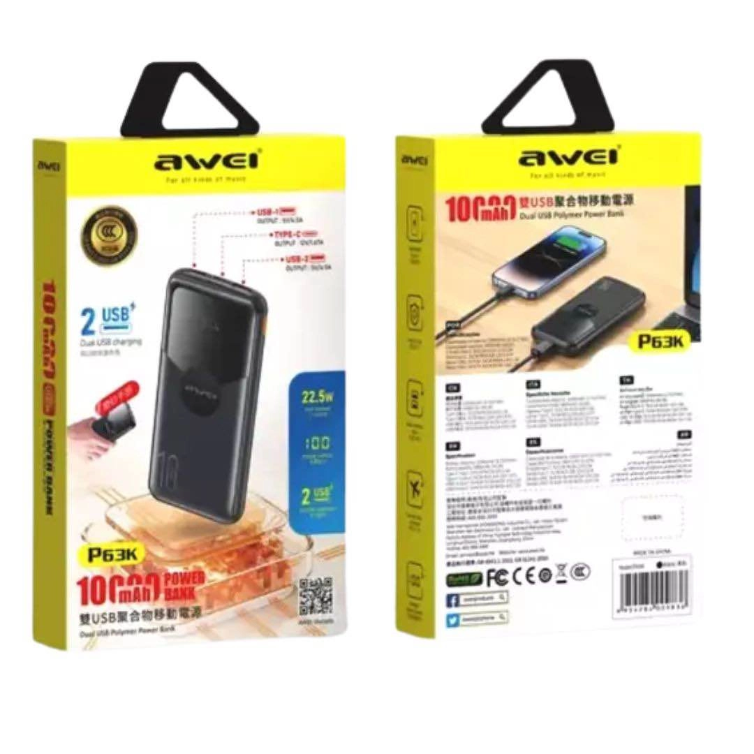 Awei P63K 10000mAh Power Bank – 22.5W Fast Charging, LED Digital ...