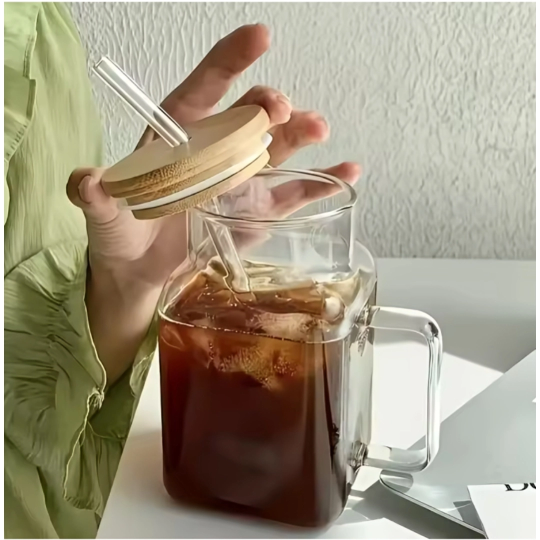 510 ml glass with bamboo lid and straw, iced coffee cup, summer wine ...