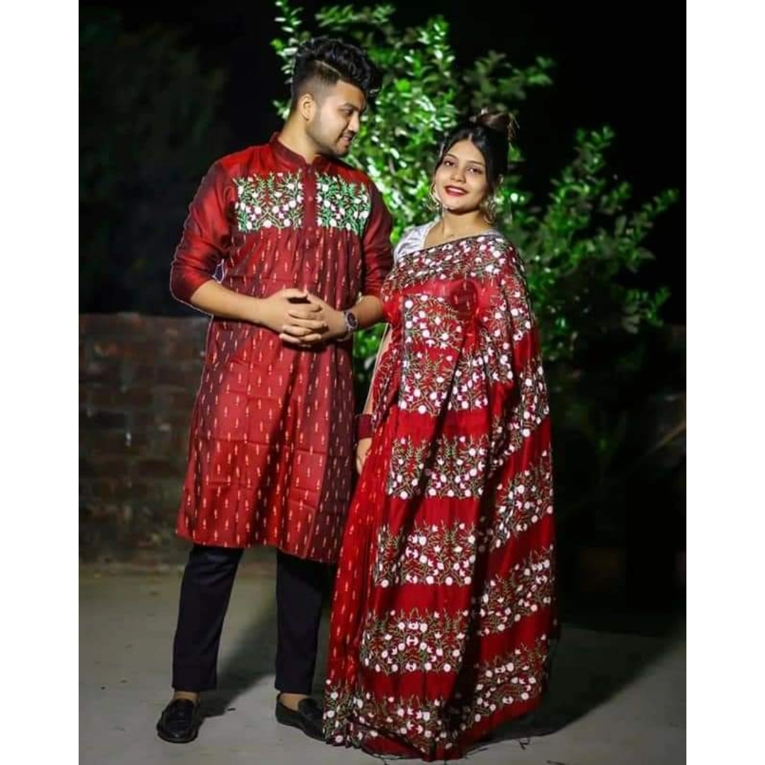 Exclusive Designer Block Print Half Silk Saree & Dupion Silk Panjabi ...