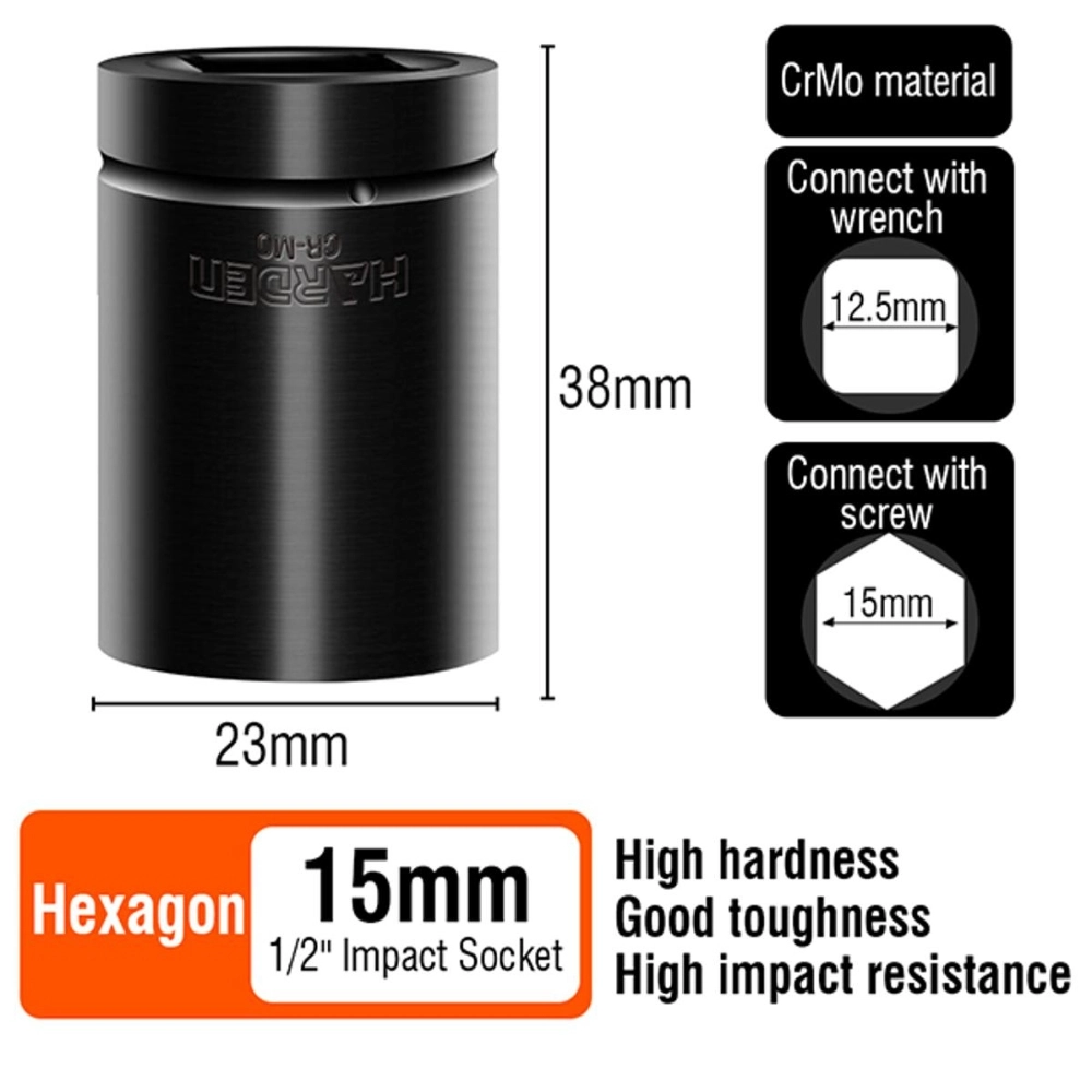 Harden 15mm, 1/2" Drive Impact Socket 12" Dr. short socket wrench Top ...