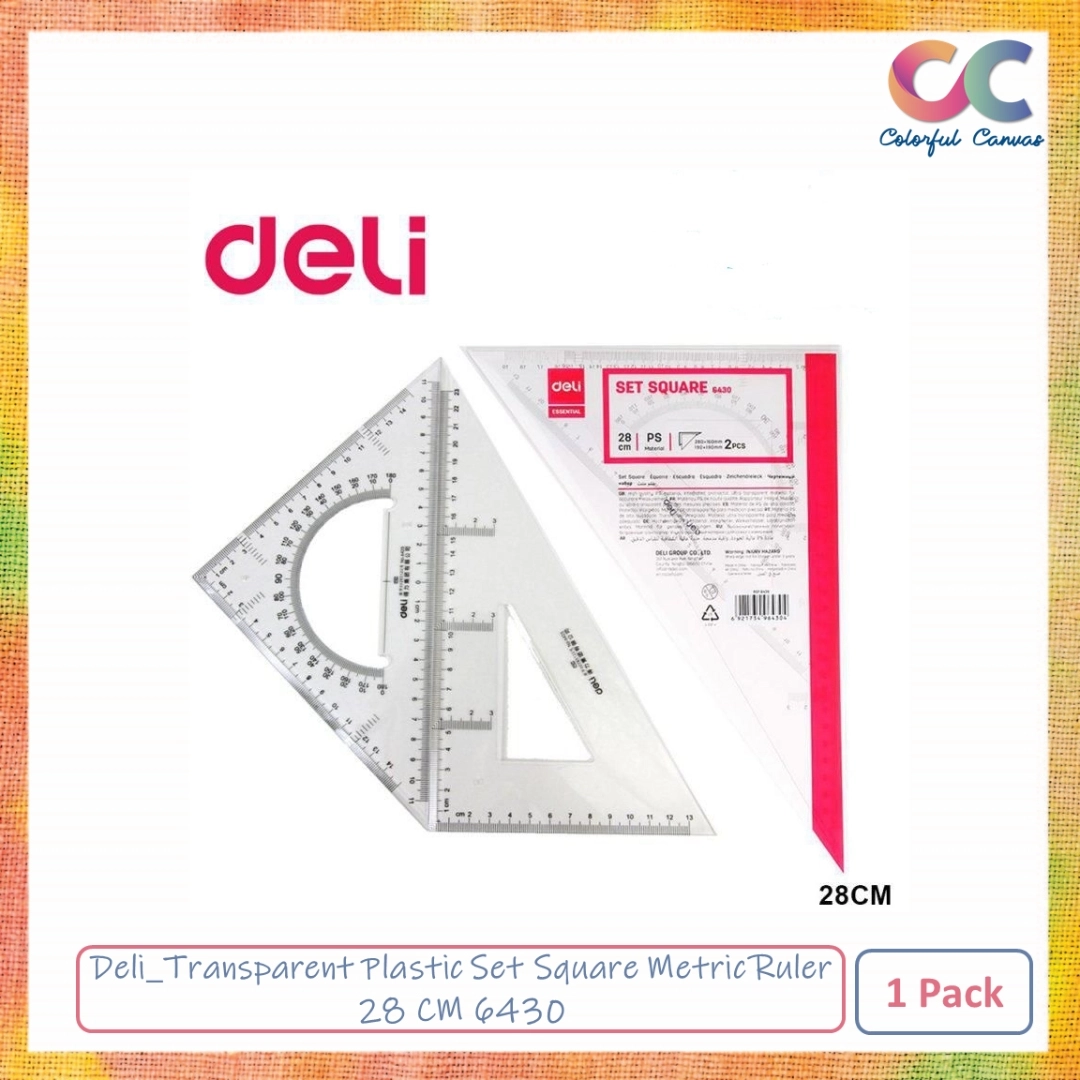Deli_Transparent Plastic Set Square Metric Ruler 28 CM 6430 1 Pack