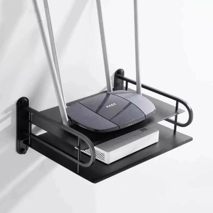 Double Layer Wall Mounted Iron Heated Black Metal WiFi Router Stand