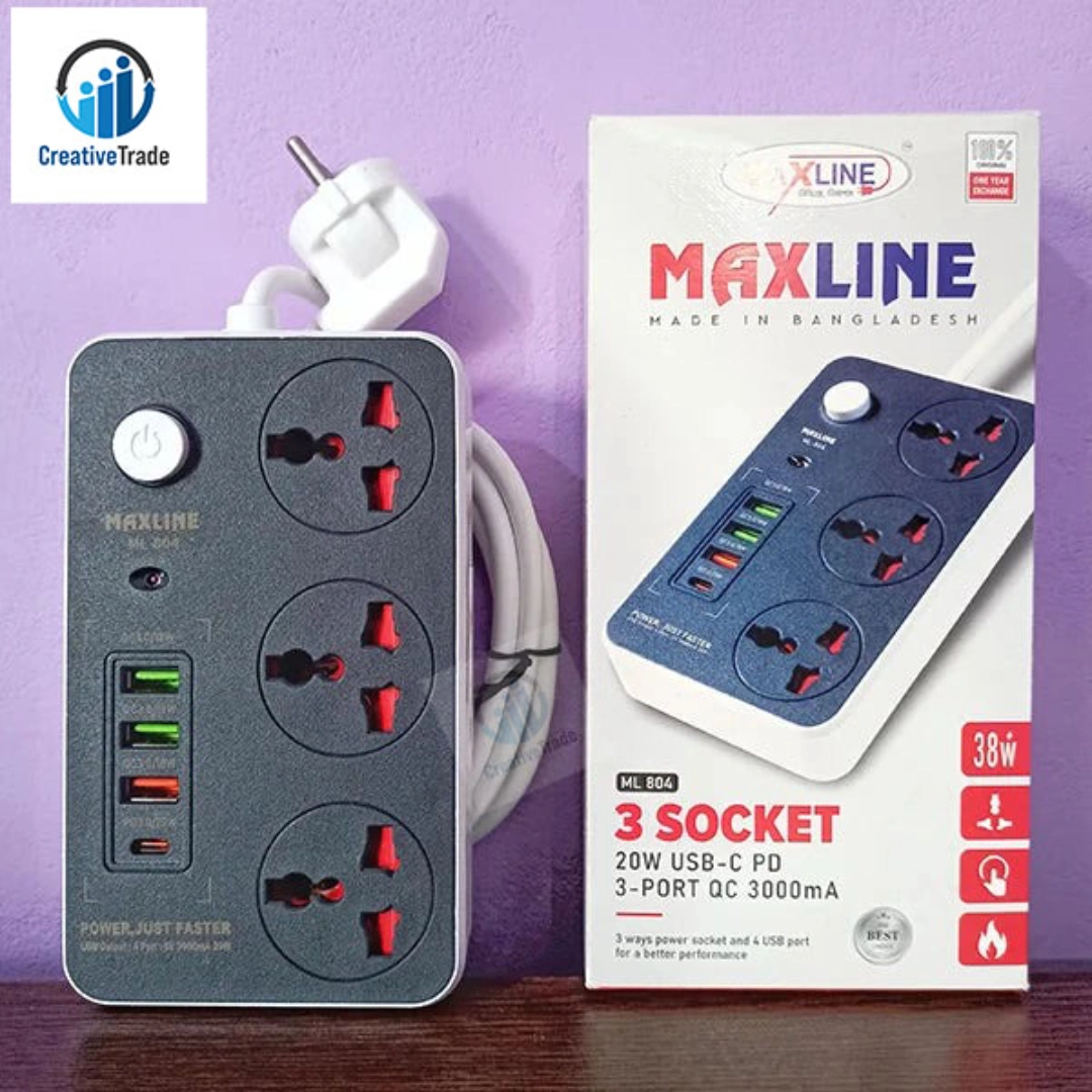 Maxline ML-804, 3 Socket & 4 USB With Charging Multiplug Power 3 Socket ...