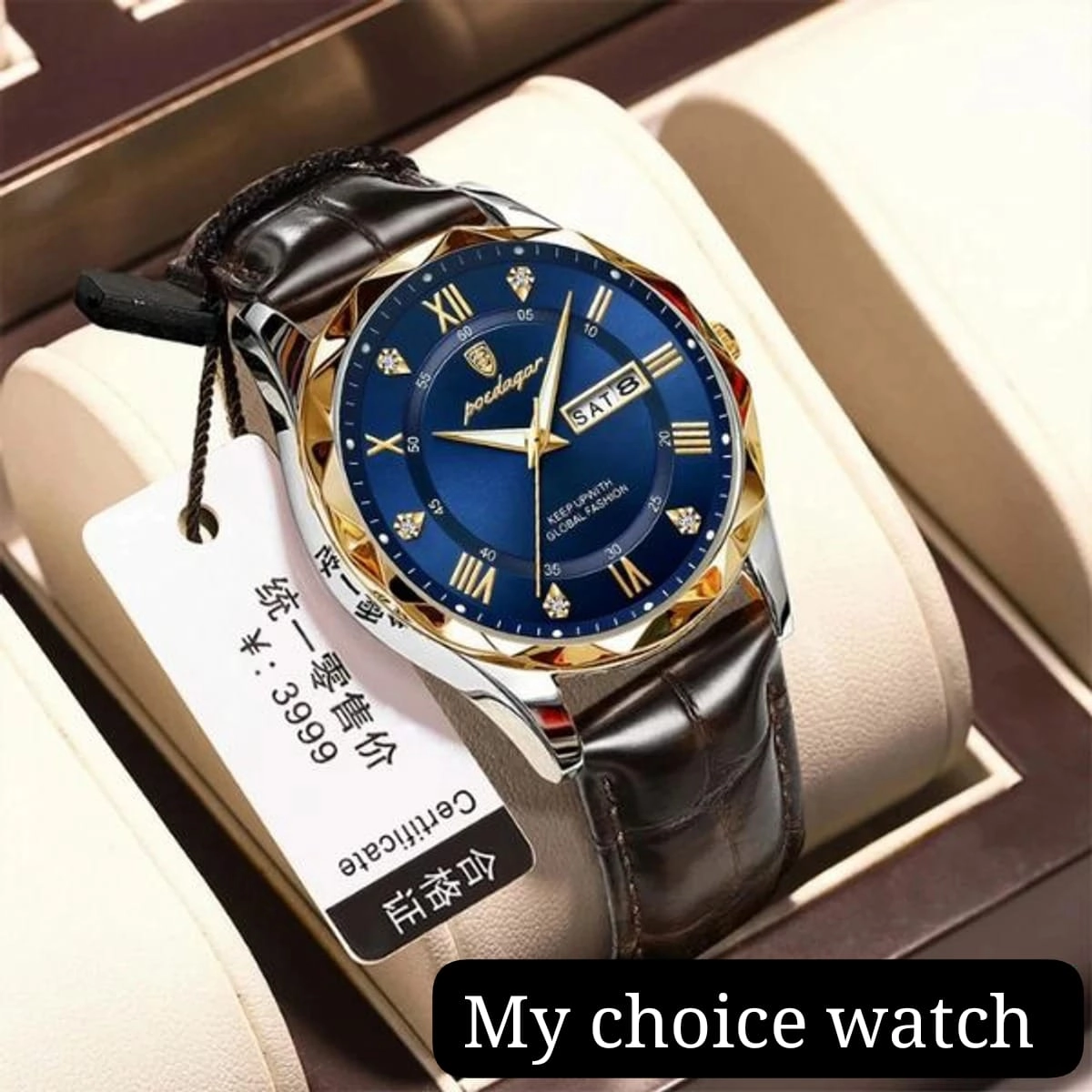 POEDAGAR 615 WATCH BELT BROWN ROUND GOLDEN DIAL BLUE COLOUR WATCH