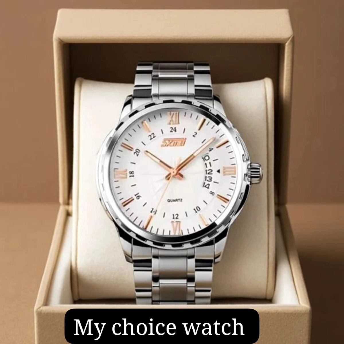 SKMEI WATCH MODEL 9069 SILVER CHAIN DIAL ROSE WHITE COLOUR WATCH FOR MAN