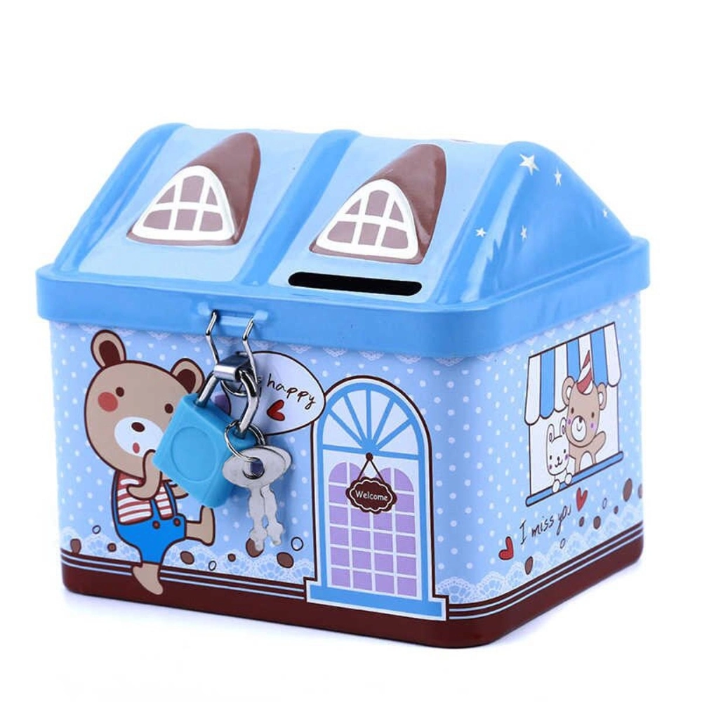 Beautiful House Shape Coin Money Bank With Lock & Key Children Toys ...