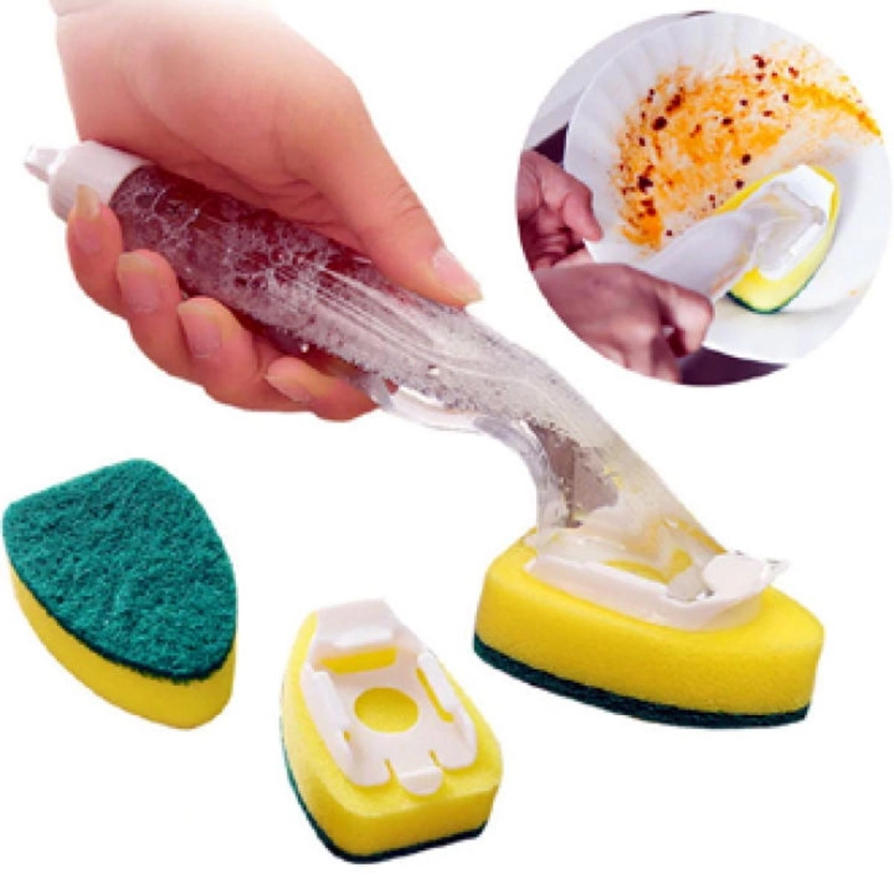 Cleaning Brush With Refill Liquid Handle Scouring Pad Sponge Brush Pcs
