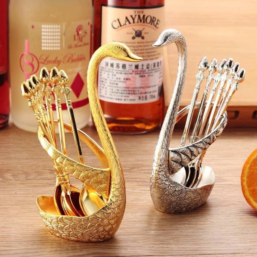 Spoon Set with Swan Stand - Golden