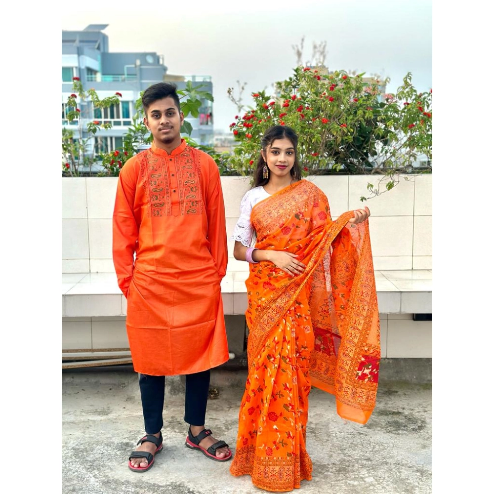 Screen Print Half Silk Saree And Cotton Mixed Panjabi Combo/ Couple Dress