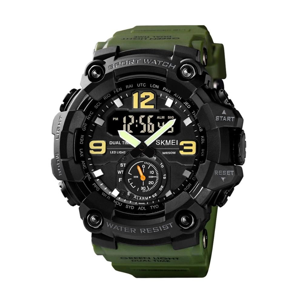 SKMEI 1637 Army Green PU Dual Time Watch For Unisex - Black & Army Green