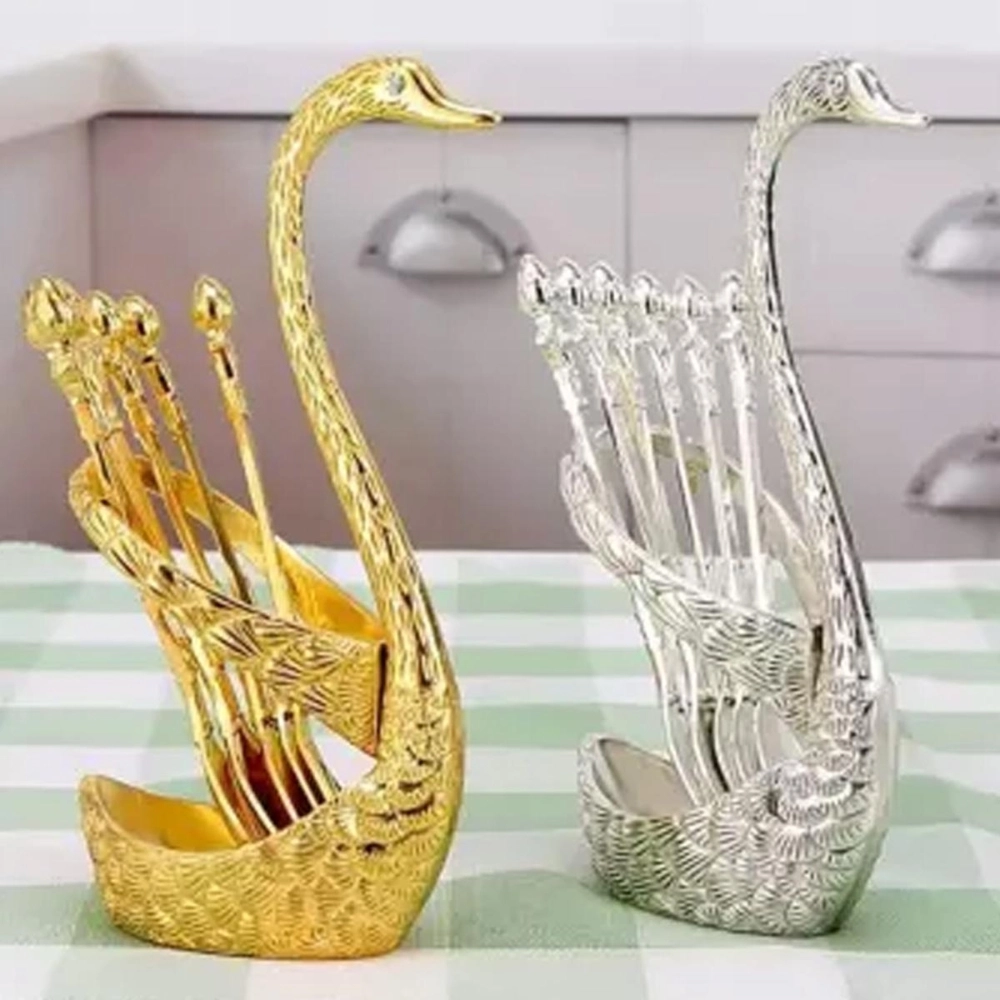 Spoon Set With Swan Stand - Golden and silver