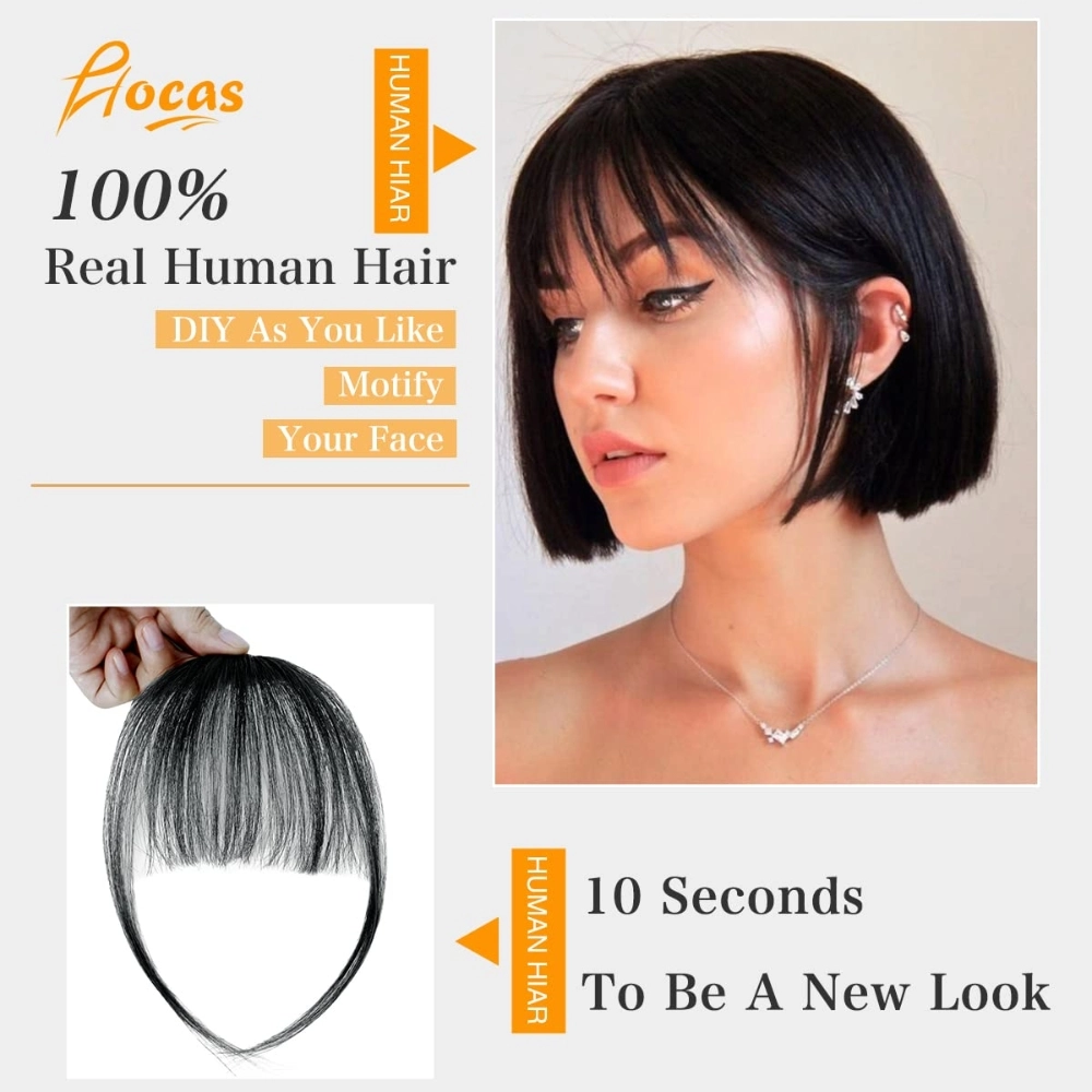 Clip In Bangs Real Human Hair Black Front Wispy Bangs with Temples ...