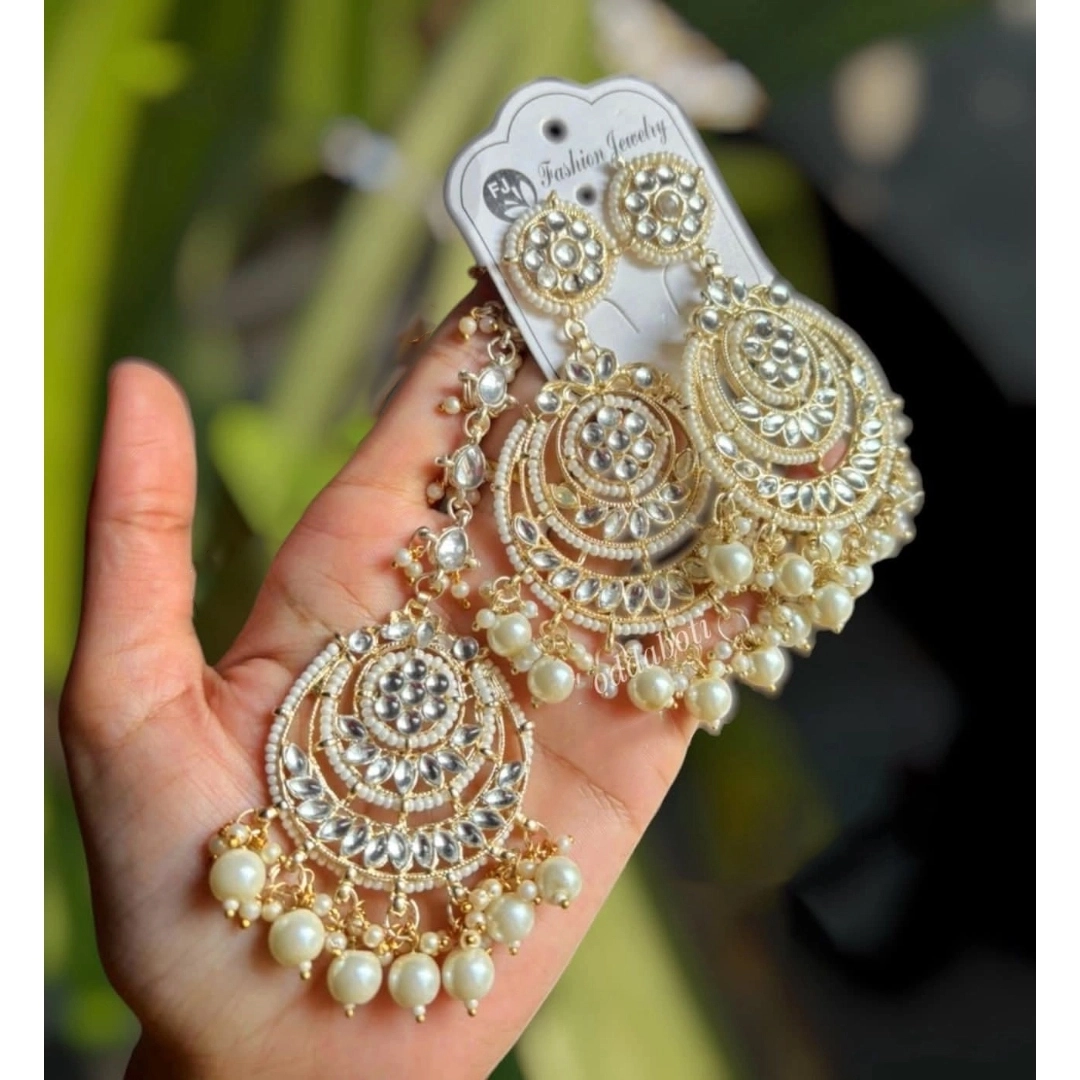 Indian Joypuri Kundon White Pearl Earring & Tikli Set for Women