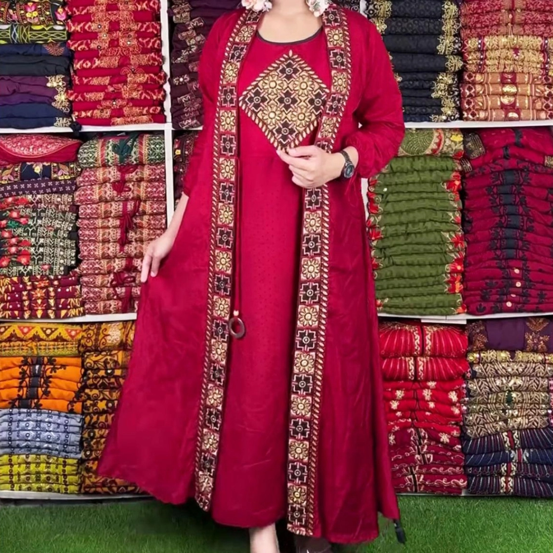 Beautiful Embroidery Work Rayon Slub Fabric Long Koti Gaoun For Women