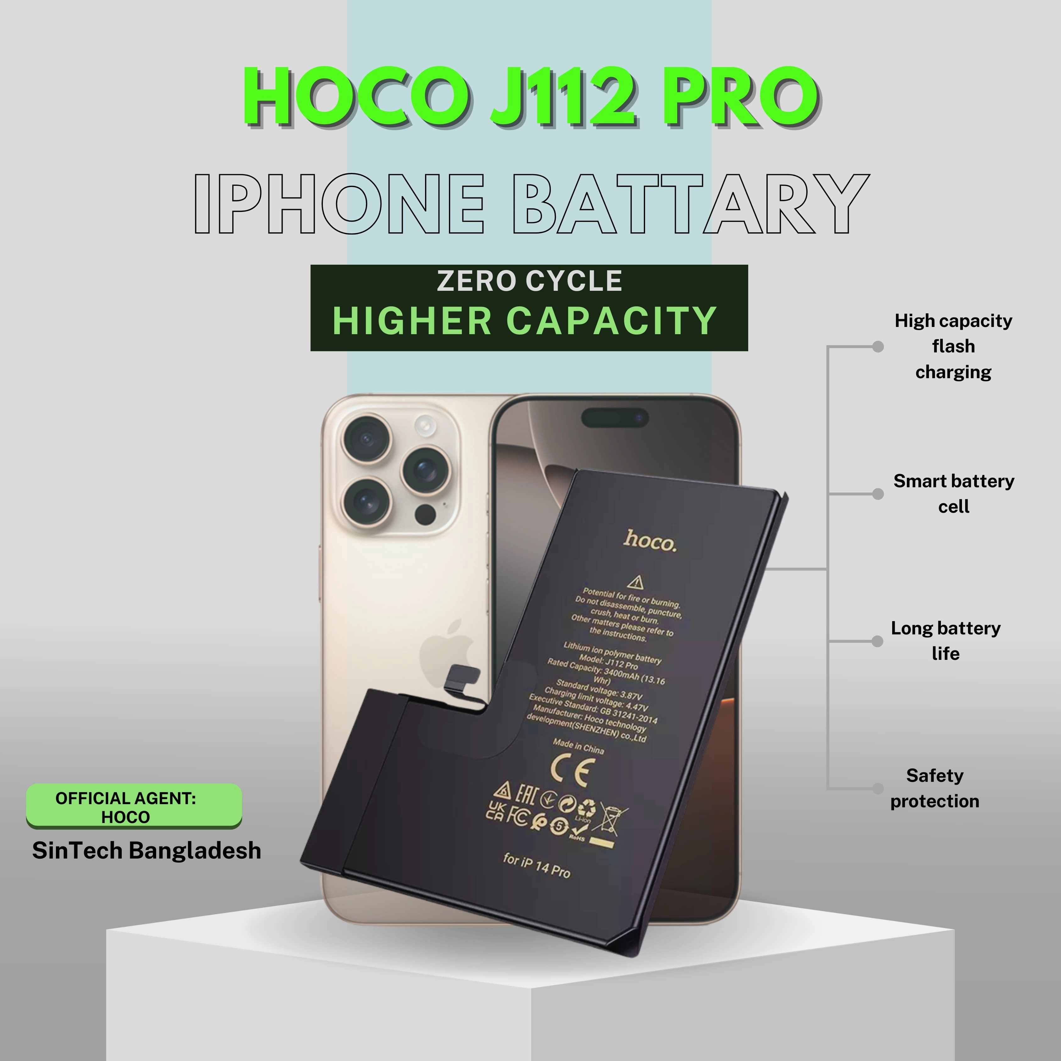 Hoco J112 Pro Li-Polymer high capacity Battery For iPhone 15 Pro Max