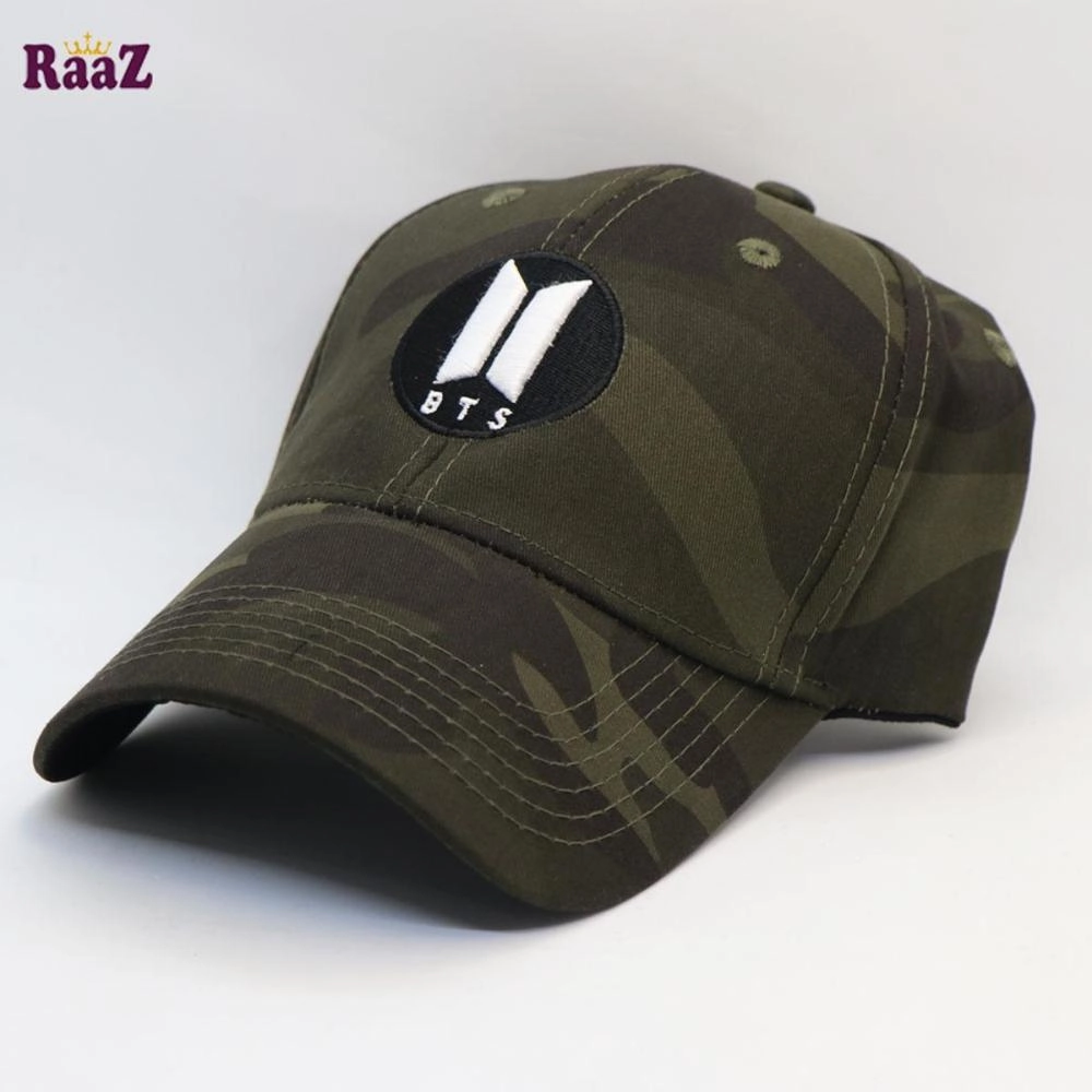Camo Print Bts Embroidery Back Side Bts Logo Curved Baseball Cap For ...