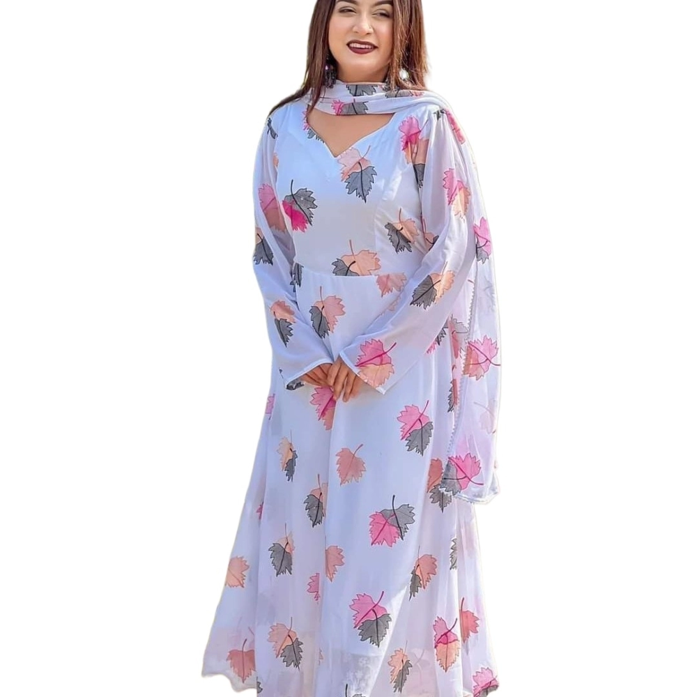 Weightless Georgette Skin print Redy Made White century design Gown ...