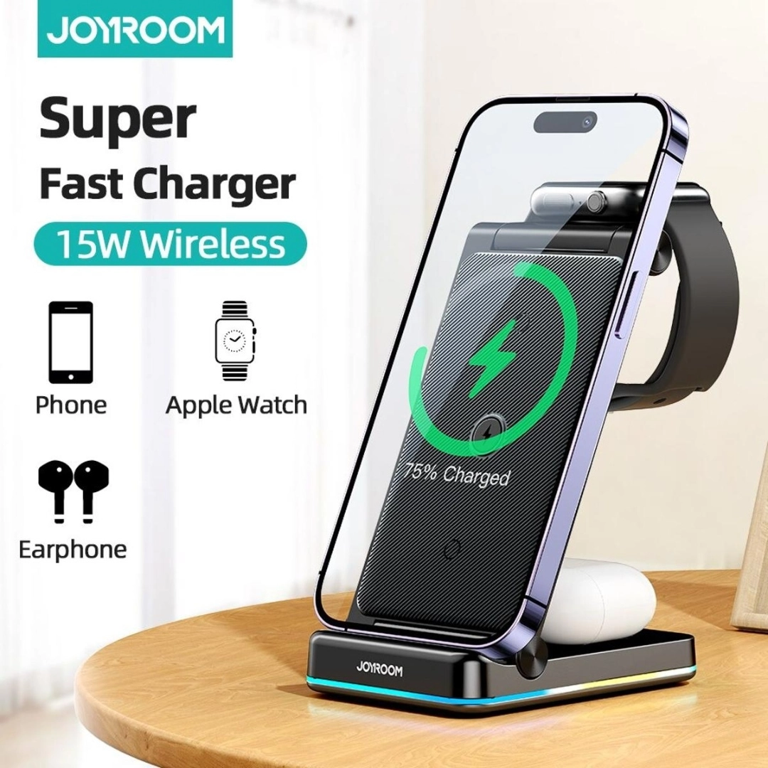JOYROOM 15W 3 in 1 Foldable Wireless Charging Station - Black