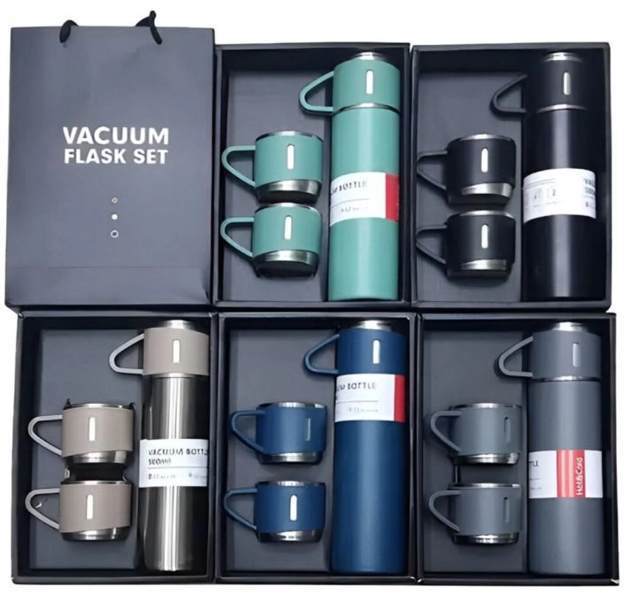 Steel Vacuum Flask Set with 3 Steel Cups Combo- 500ml - Keeps HOT/Cold ...