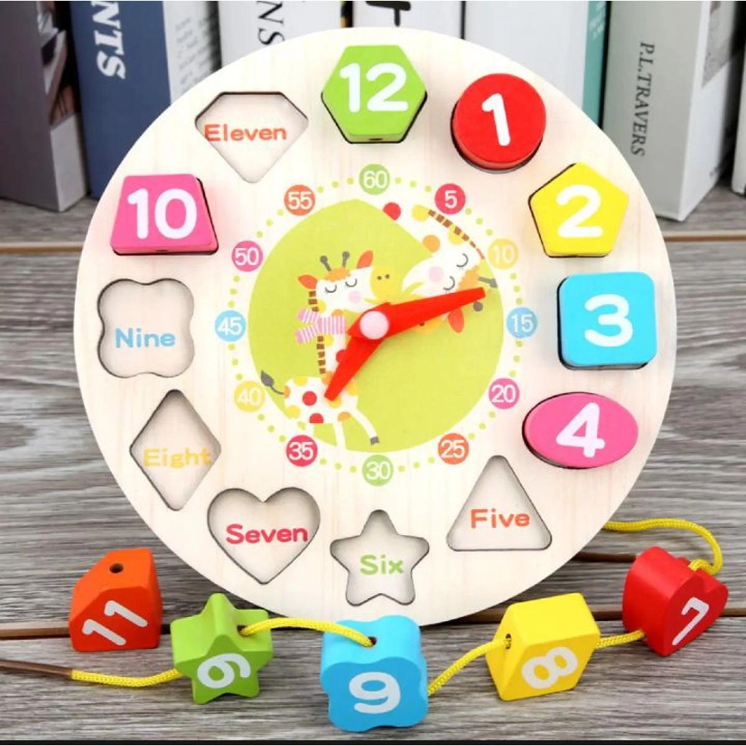 New Kids Wooden Shape Color Clock Teaching Time Sorting Number Blocks ...