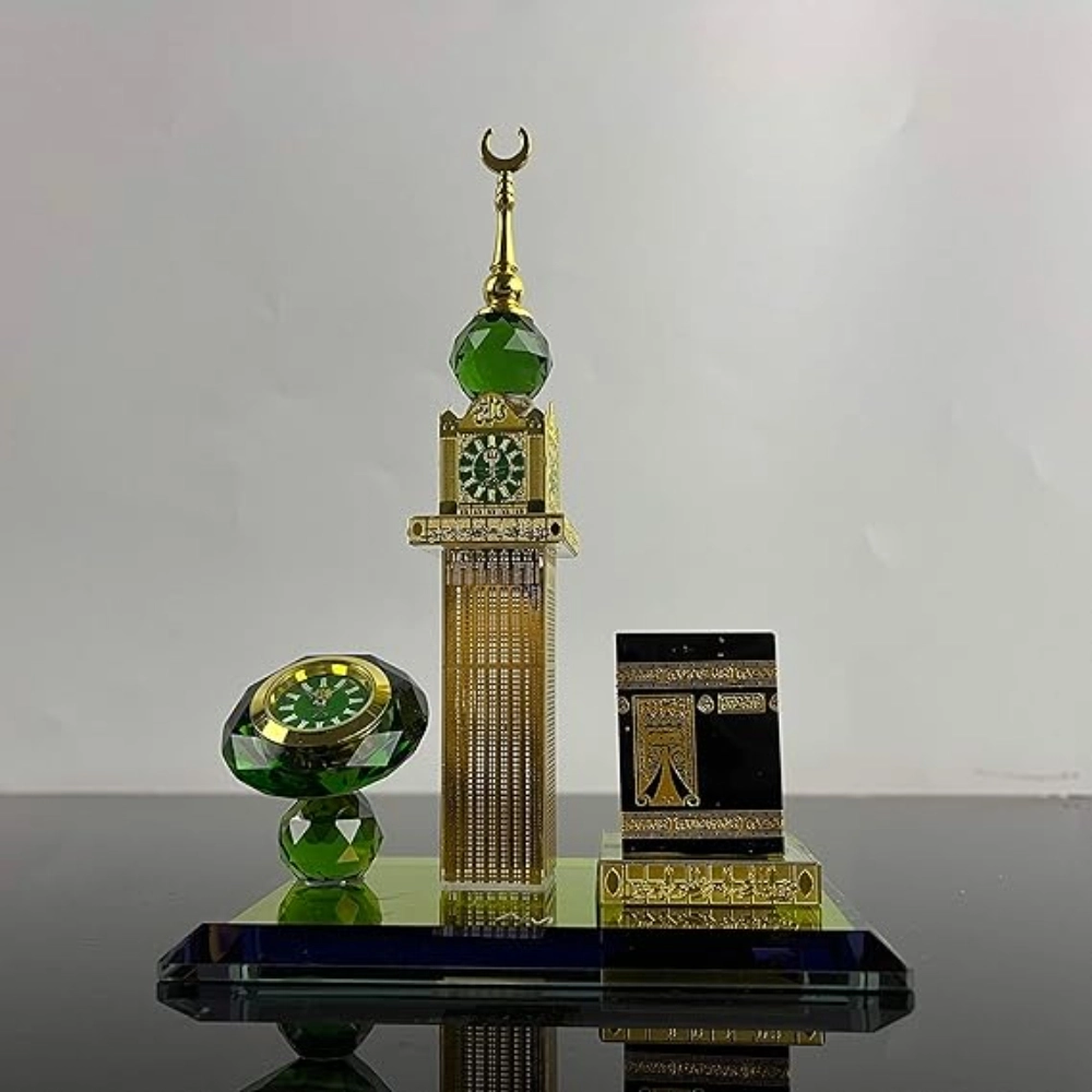 Islamic Crystal Kaaba with Clock Tower Miniature Model Showpiece