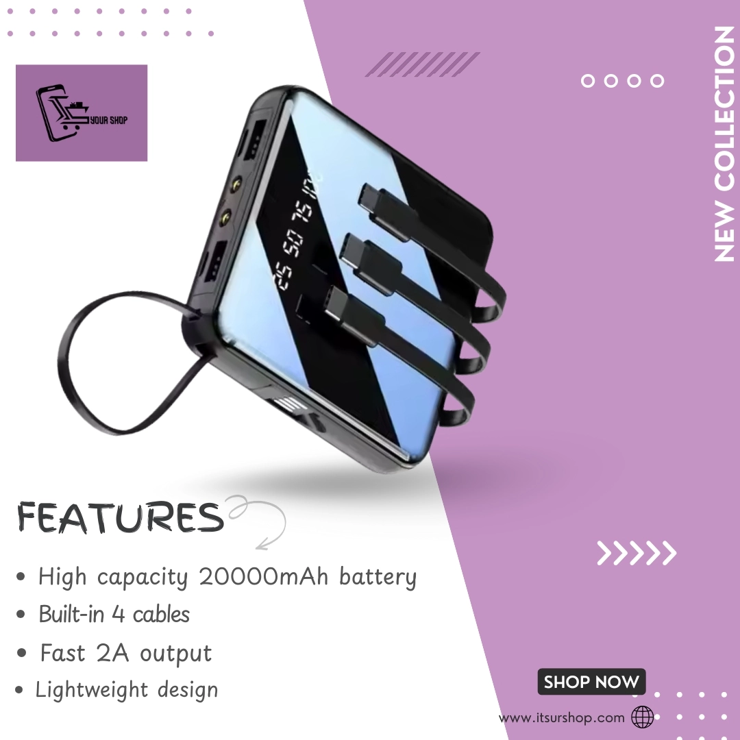 YM300 20000mAh Mirror Screen Power Bank – Built-in 4 Cables | Fast ...
