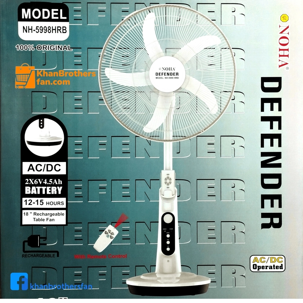 Defender (NH-5998HRB) 18 inch AC/DC Rechargeable Full stand fan, Double ...