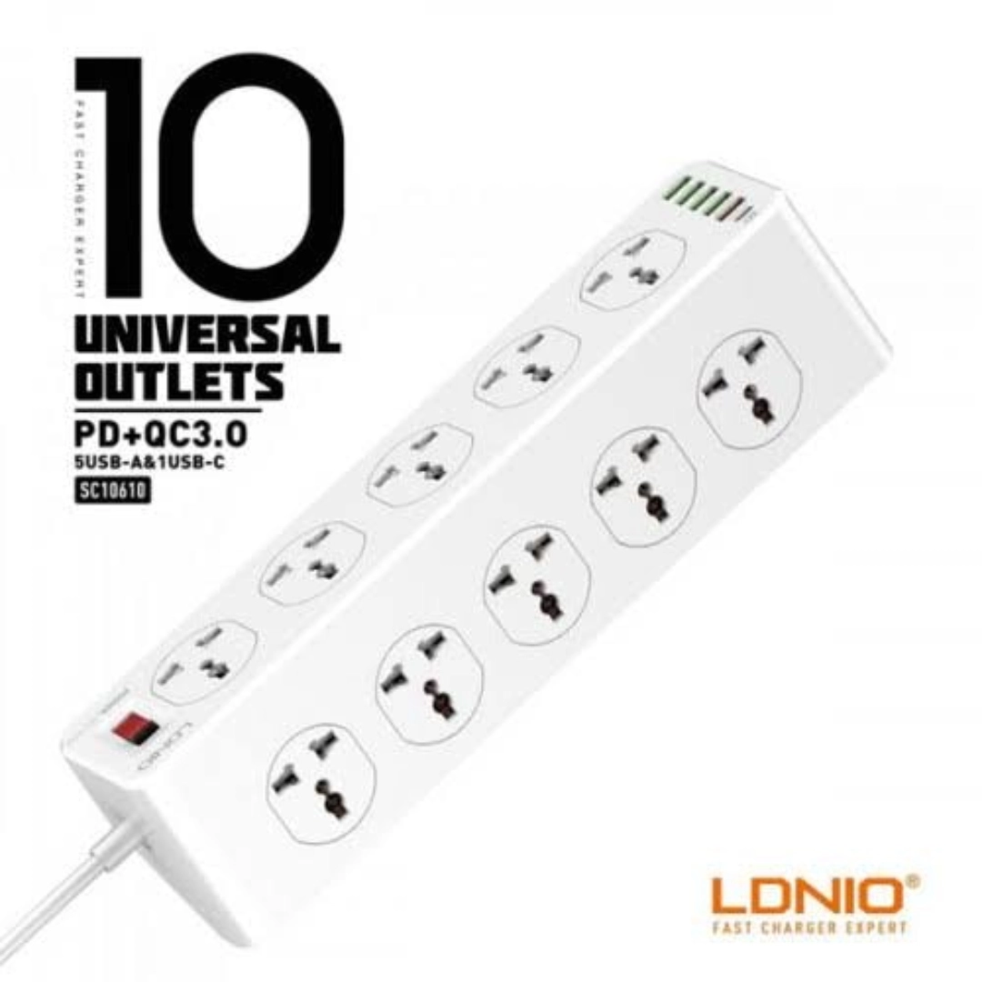 LDNIO SC10610 2500W 10 SOCKETS + 4 USB PORTS + 1 TYPE-C PD PORT + 1 QC3 ...