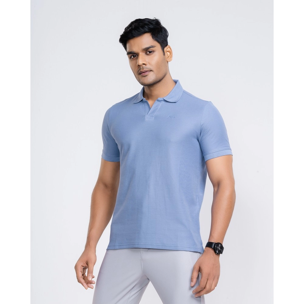 Turaag Active Sky Blue Regular Fit V-Neck Split Polo Shirt Classic Pima ...