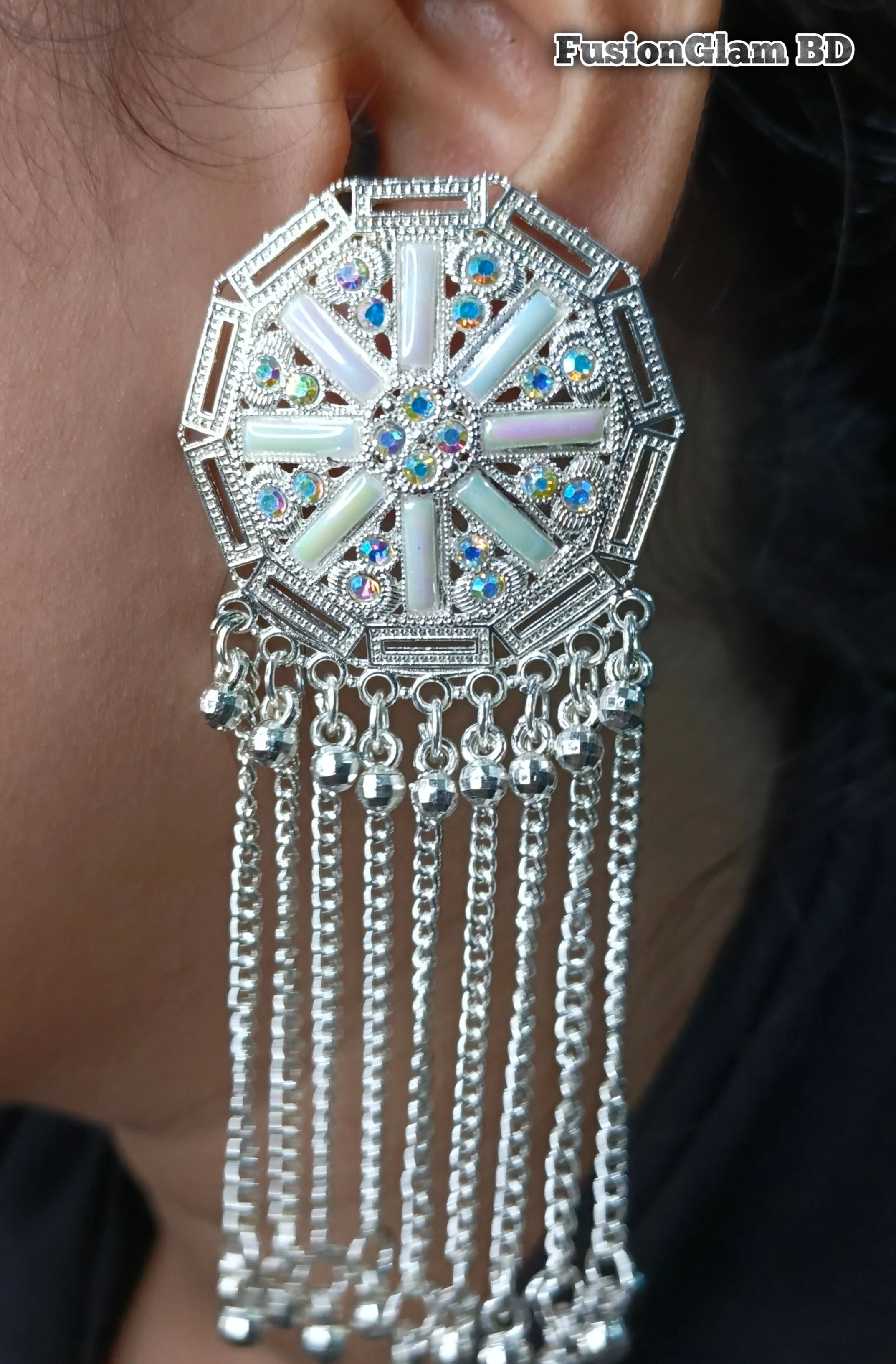 Traditional Silver Plated Multi-Chain Drop Earrings with Crystal Work for Women