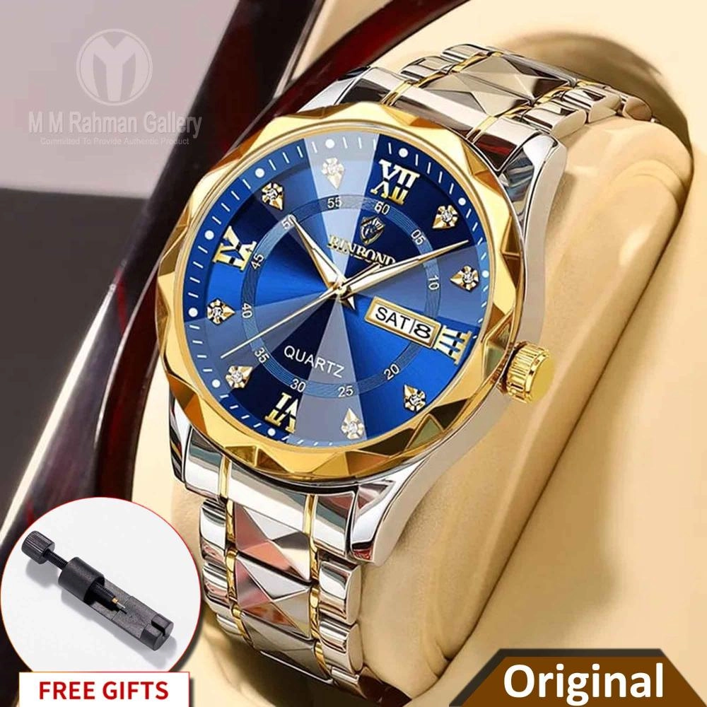 BINBOND 2521 Luxury Brand Luminous Quartz Watch For Men - Toton Gold Blue