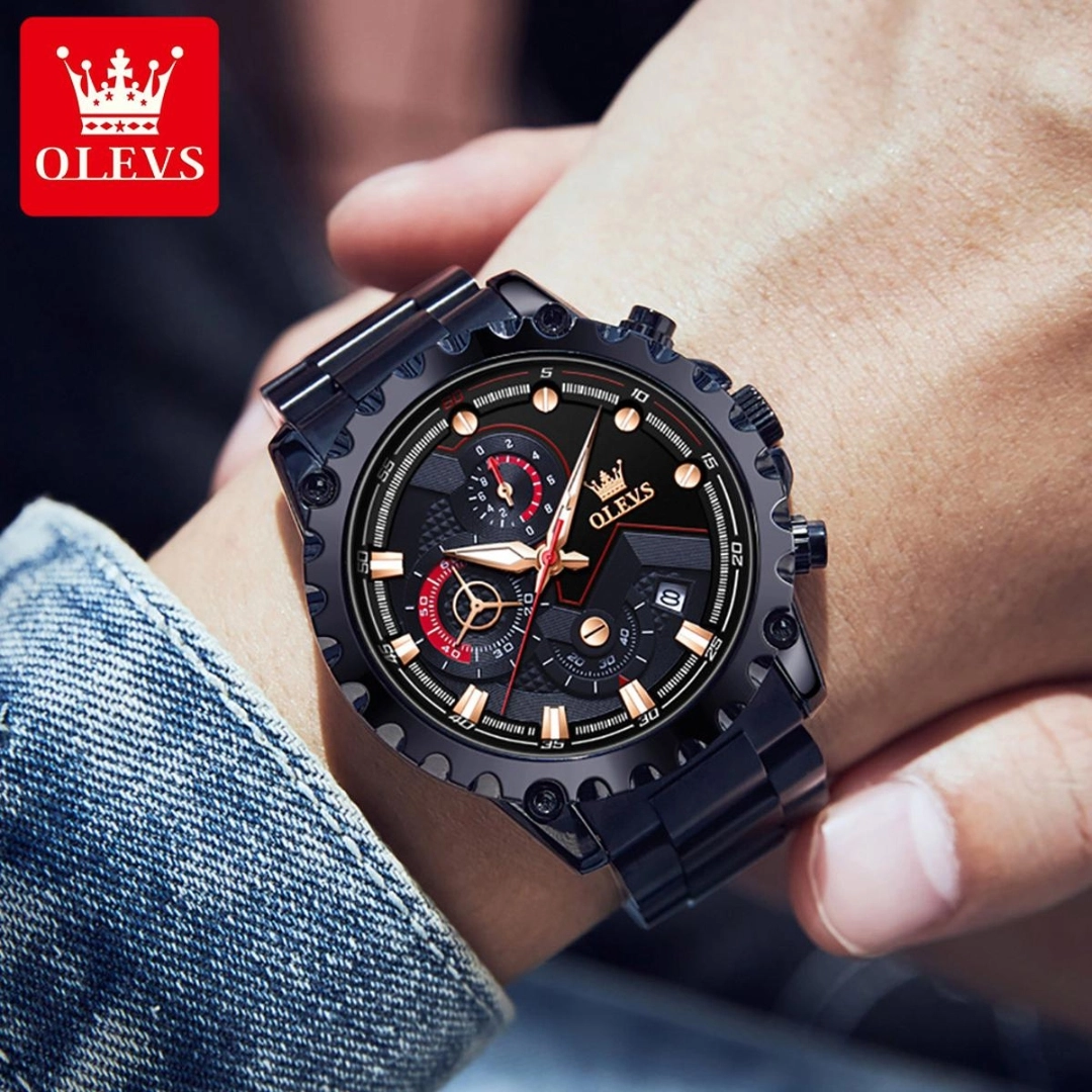 OLEVS Fashion Quartz Watch for Men Three Dial Sport Chronograph Casual Waterproof Stainless ...