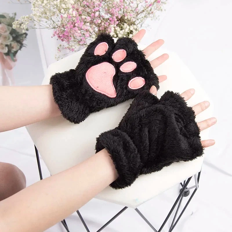 Women's Adorable Cat Claw Winter Gloves - Thick Plush Fingerless Bear ...