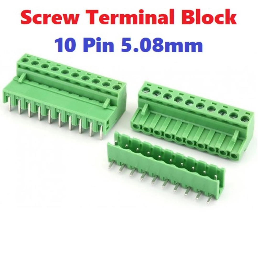 10 Pin RIGHT Angle GREEN Color MALE & FEMALE Screws Terminal Block 10 ...