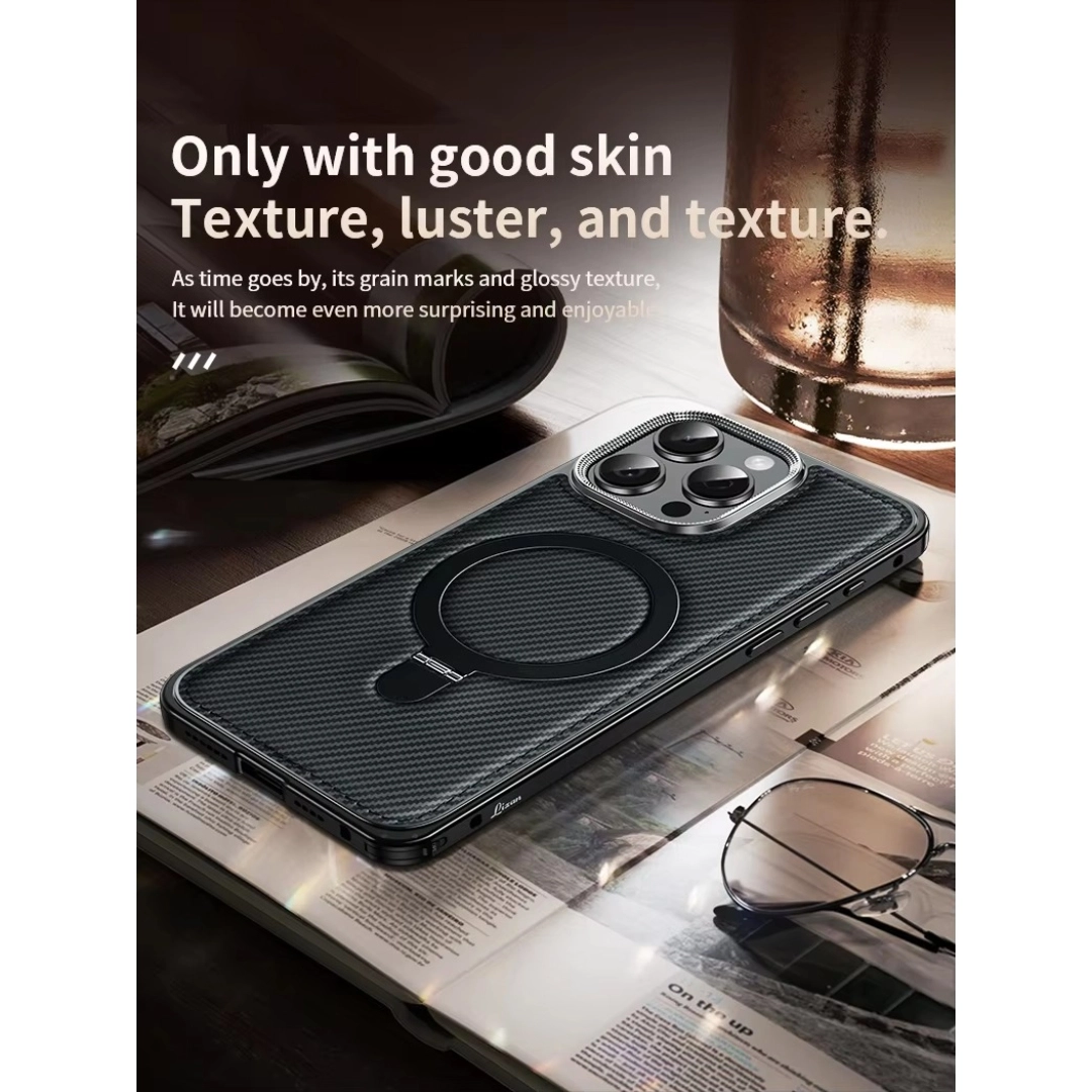 For iPhone 15 Pro Metal Frame Carbon Fiber Texture Holder Shell ...