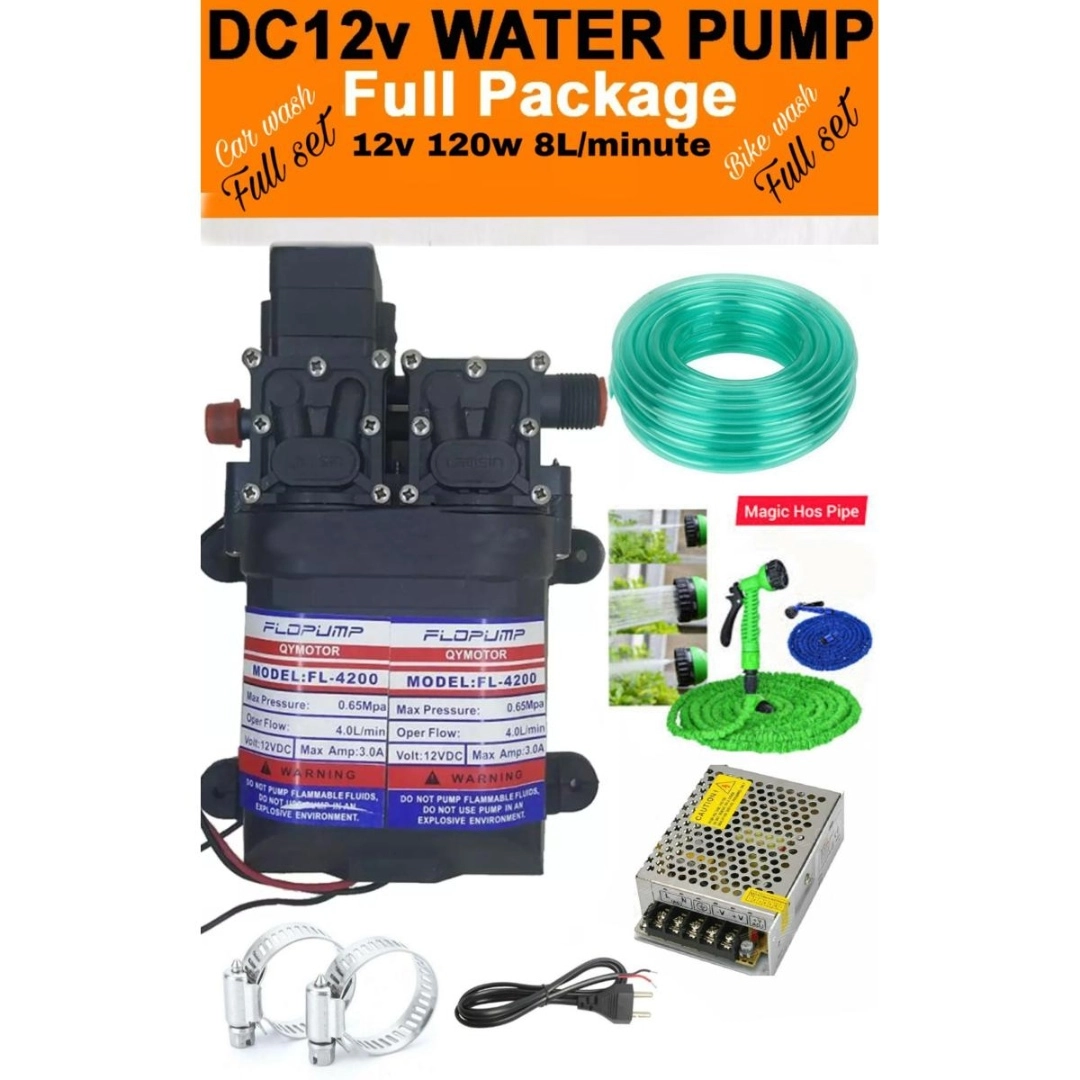 Dual Bike & Car Washing Water Pump Motor Full Set 50 Feet Pipe Ac & Dc ...