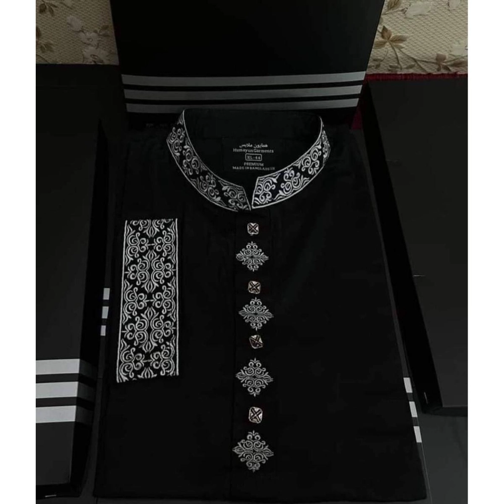 Black Men'S Premium Quality Black Semi Long Embroidery Work Panjabi ...