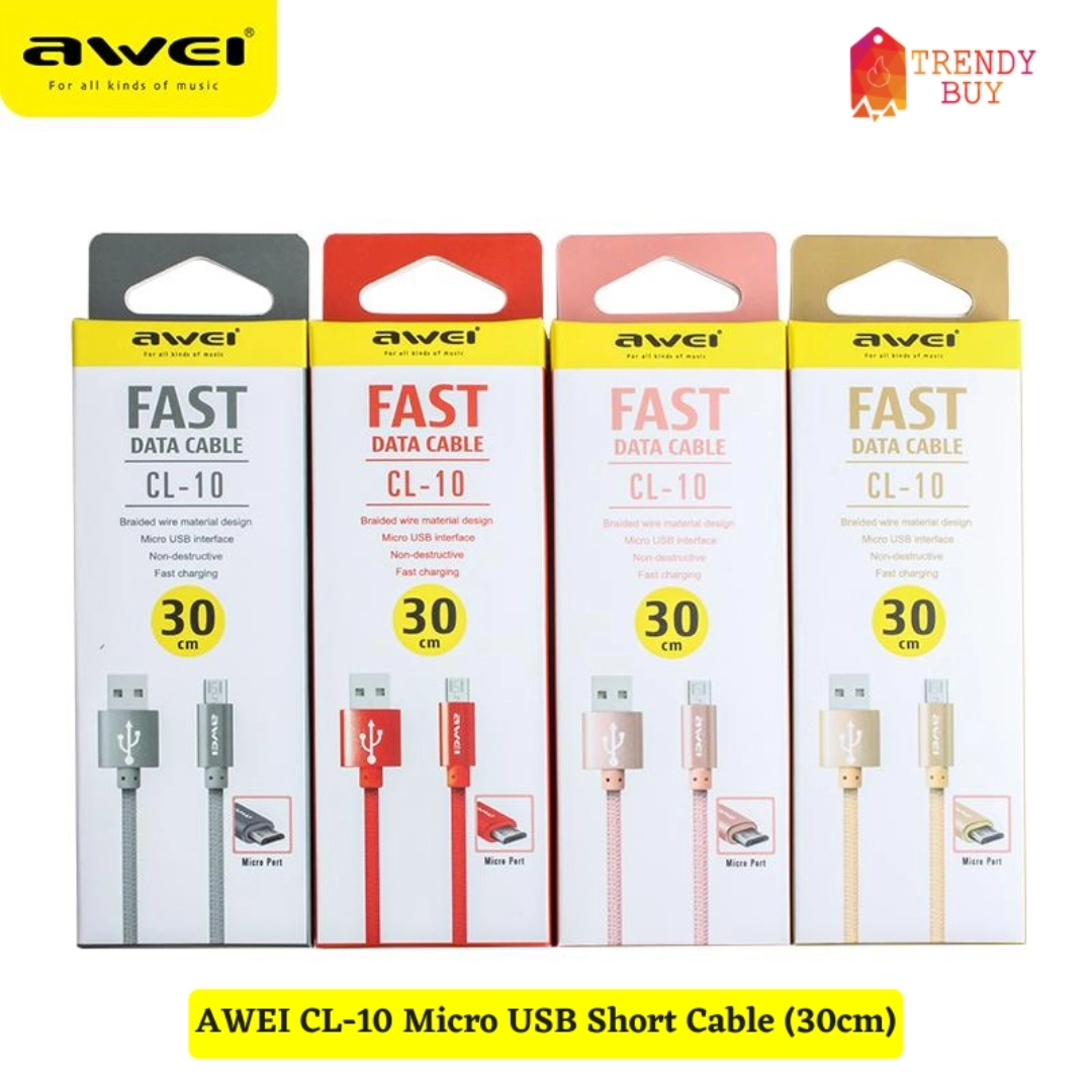 Awei CL-10 Micro USB Short Cable (30 Cm) Fast Charging Nylon Braided ...