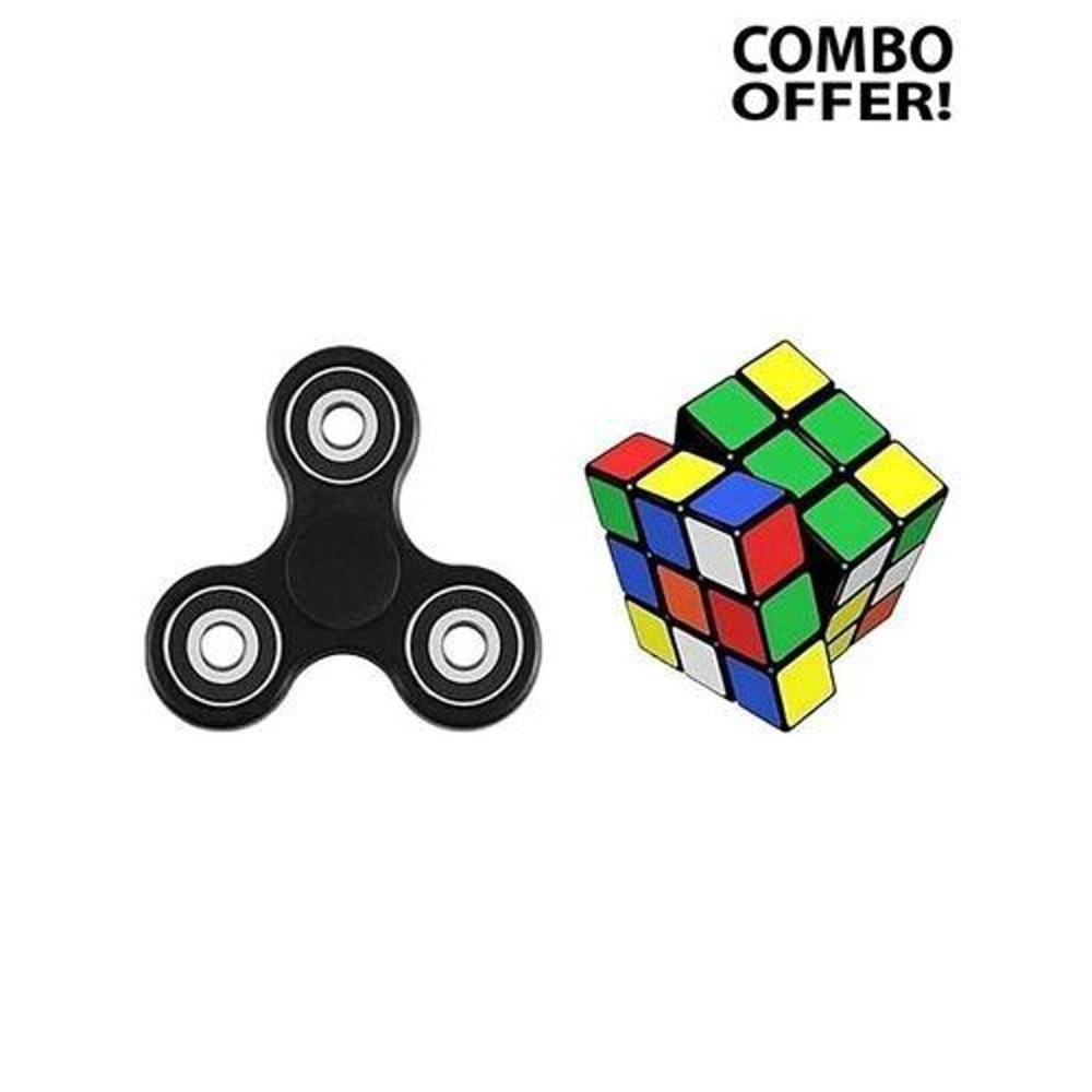 Combo Pack of Black Fidget Spinner and Rubik Magic Cube - Multi-color