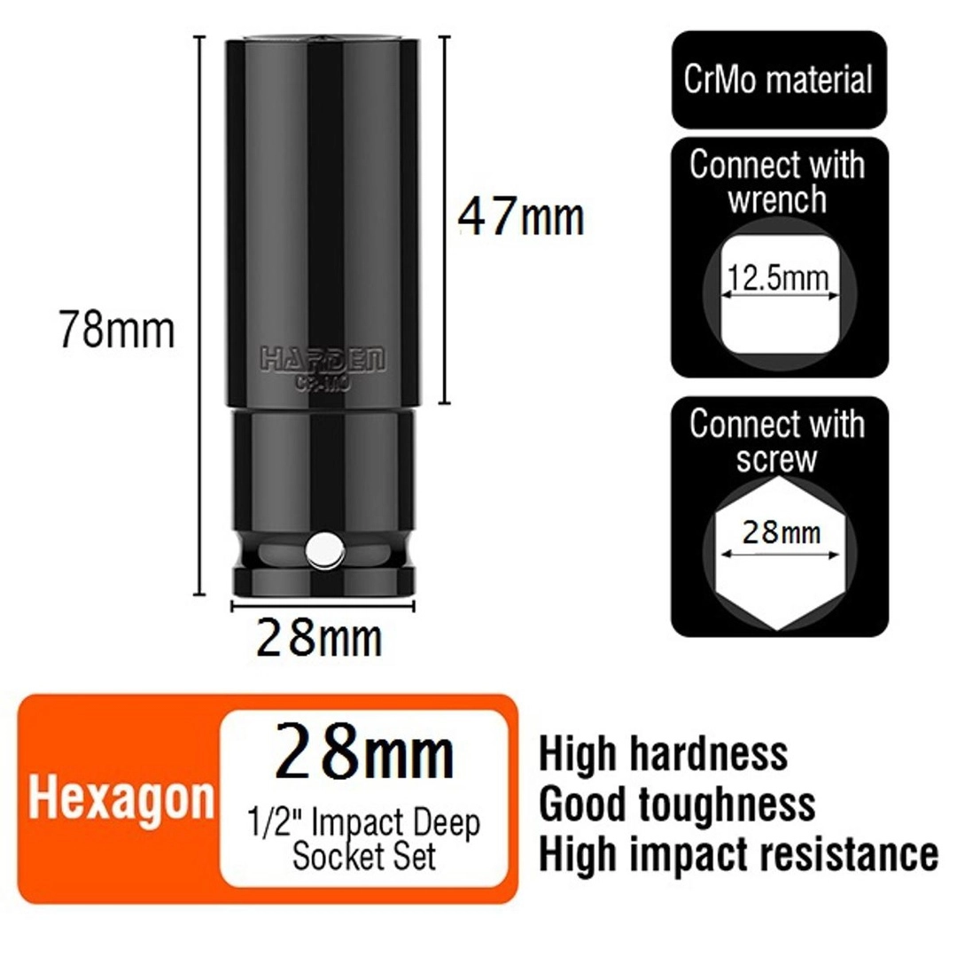 Harden 28mm Impact Long Socket 1/2" Drive 78mm long Deep Socket 536558