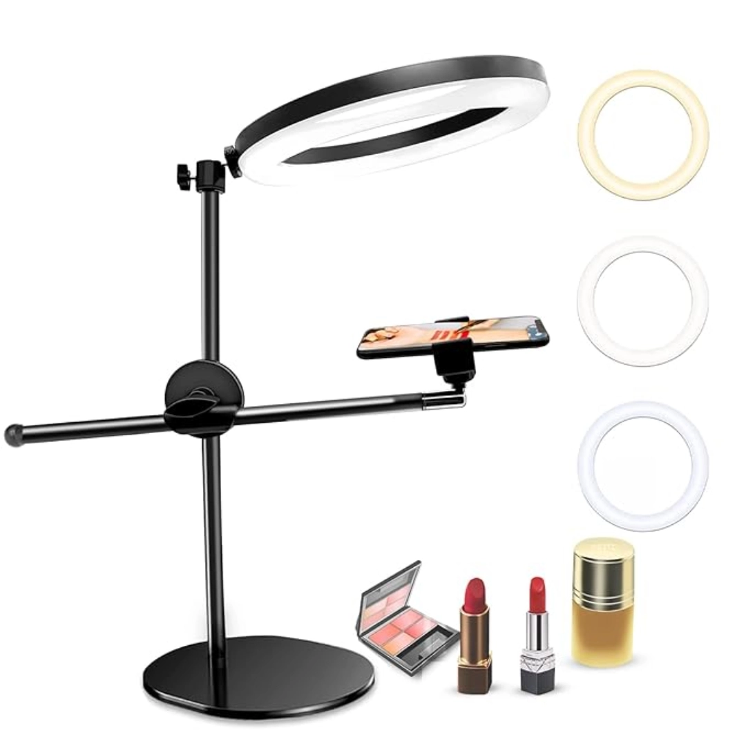 Phone Tripod Mount With 10 Inch Led Ring Light Lamp, Overhead Shot ...