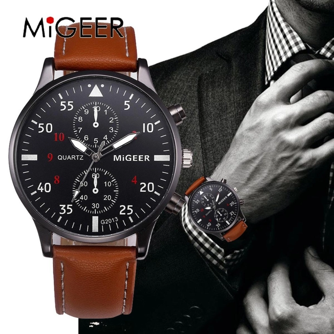 Fashion Men'S Leather Military Alloy Analog Quartz Wrist Watch Business ...