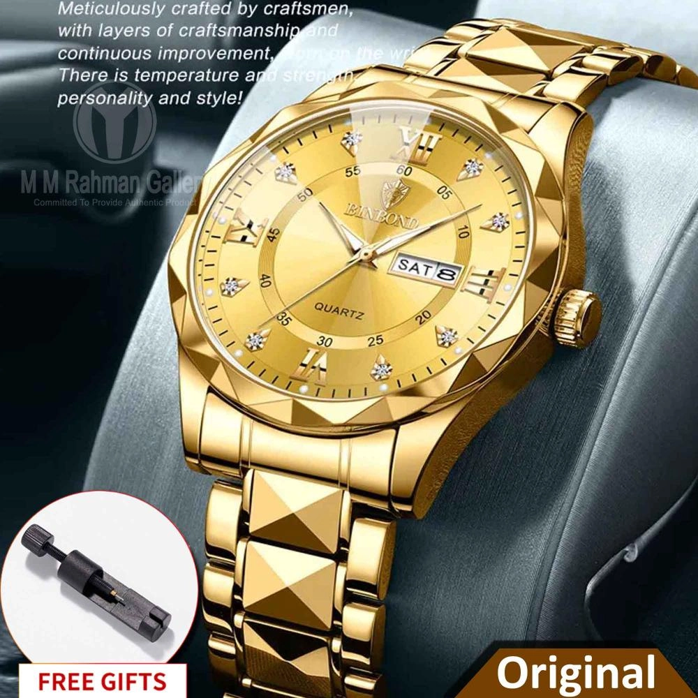 BINBOND 2521 Luxury Brand Luminous Quartz Watch For Men - Full Golden Color