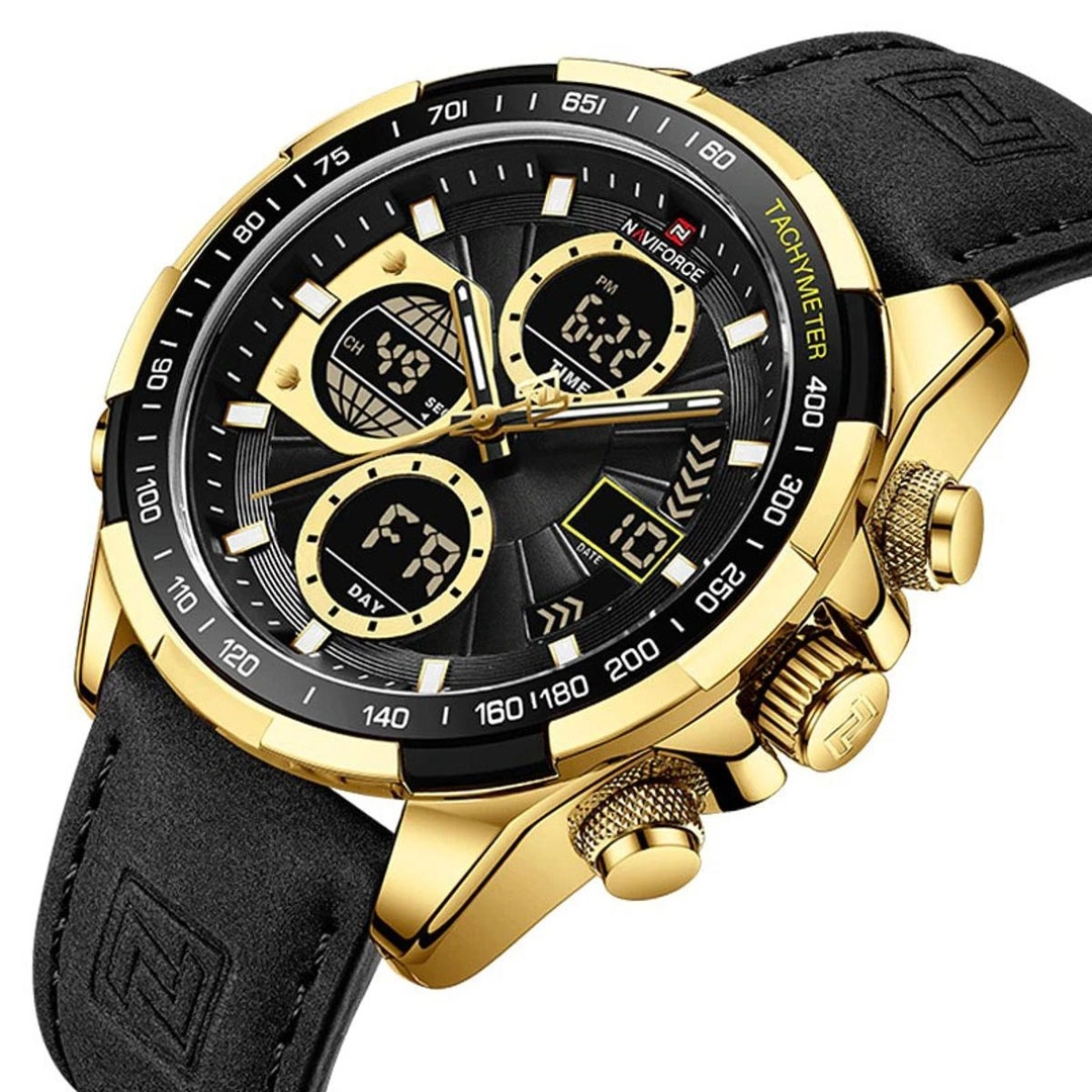 NAVIFORCE NF9197 Black PU Leather Dual Time Watch For Men - Golden & Black