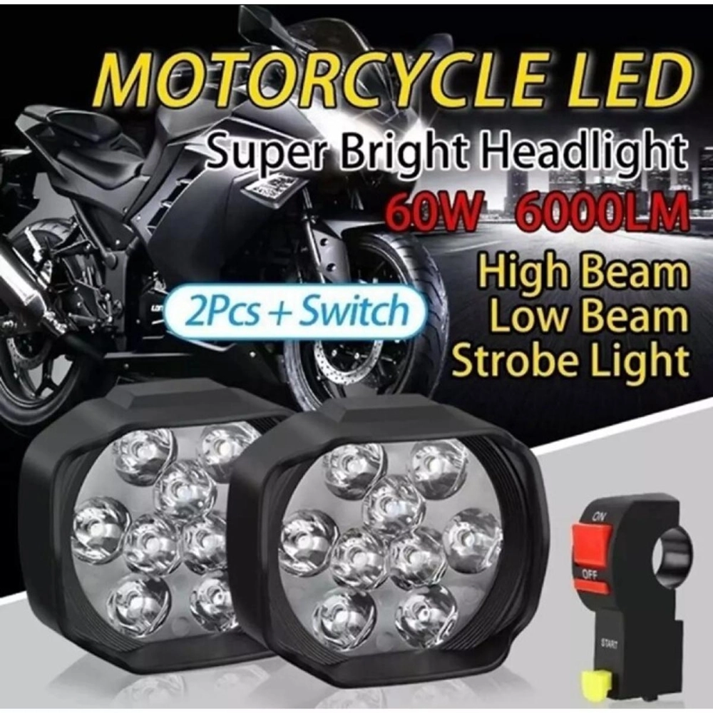 2pcs Motorcycle Headlight 9LED DC-12V 9W White Super Bright Fog Spot ...